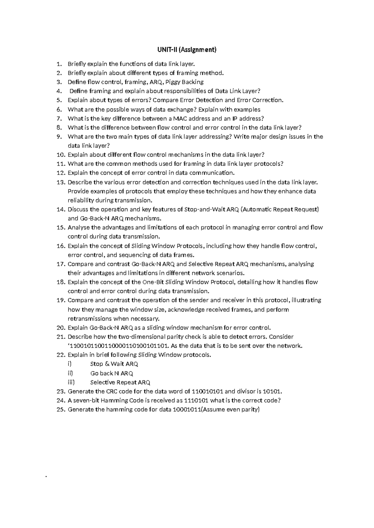 Cn Assignment Unit-2 - UNIT-II (Assignment) Briefly explain the functions of data link layer ...