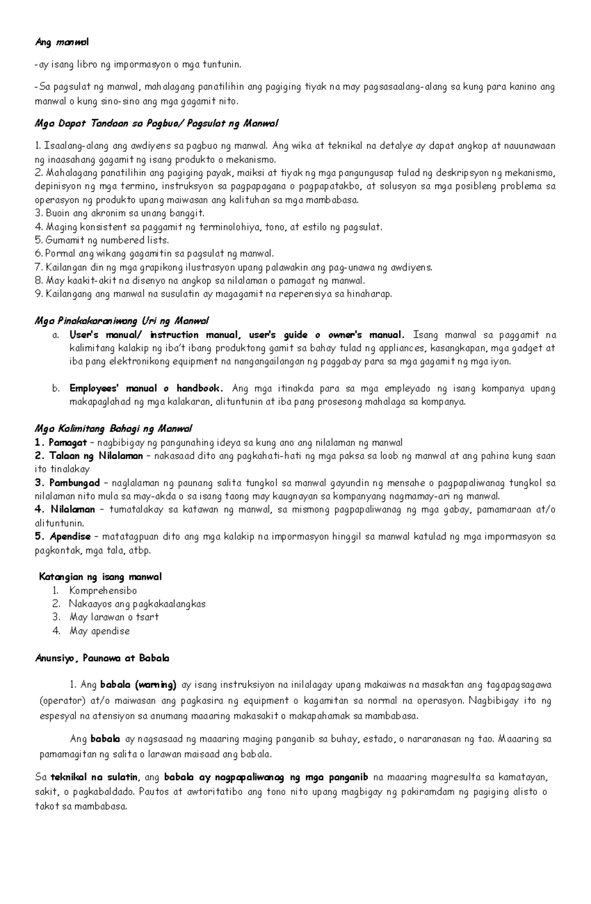 Handout FPL- Tekbok - Gut - Ang manwal -ay isang libro ng impormasyon o mga tuntunin. -Sa ...