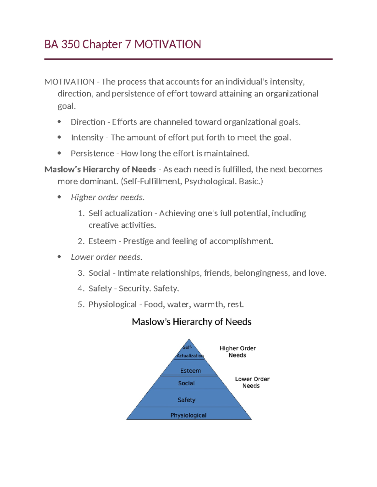 BA 350 Chapter 7 Motivation - BA 350 Chapter 7 MOTIVATION MOTIVATION - The process that accounts ...