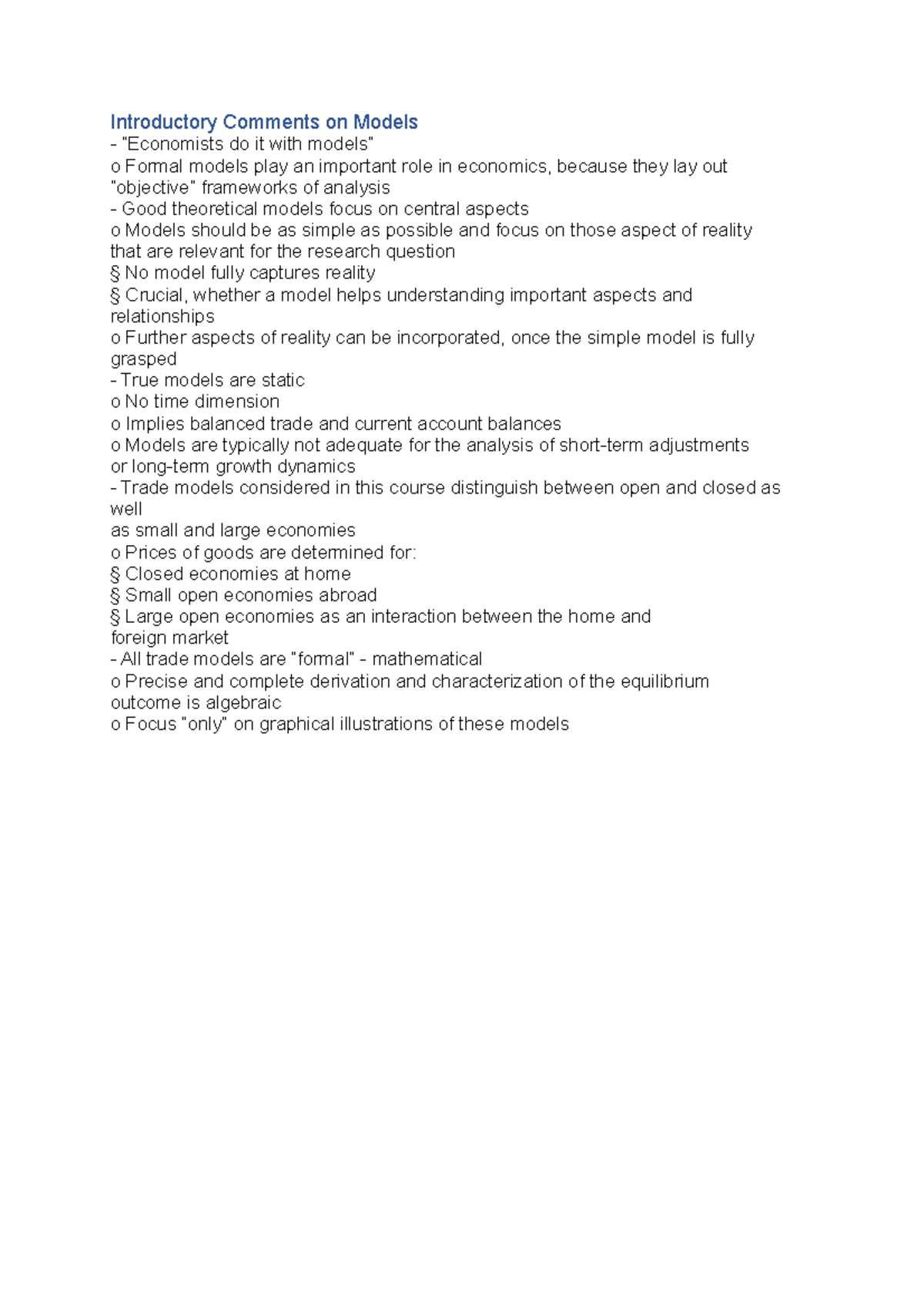 Introductory Comments on Models - Introductory Comments on Models ...