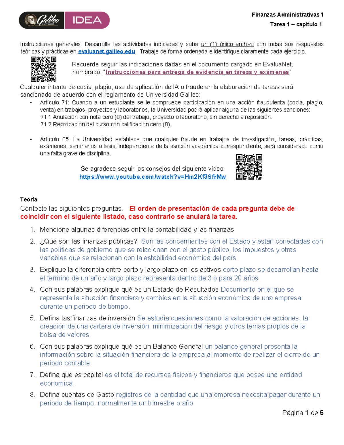 Traea 1 Finanzas - Tarea 1 – capítulo 1 Instrucciones generales ...