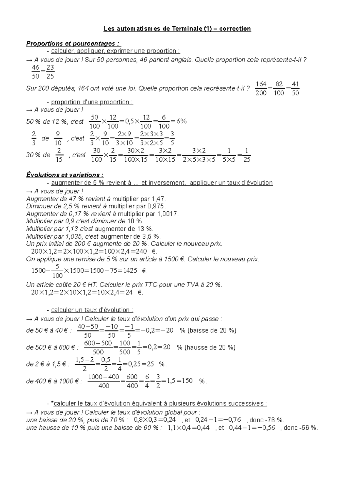 T STMG - automatismes 1 - correction - Les automatismes de Terminale (1 ...