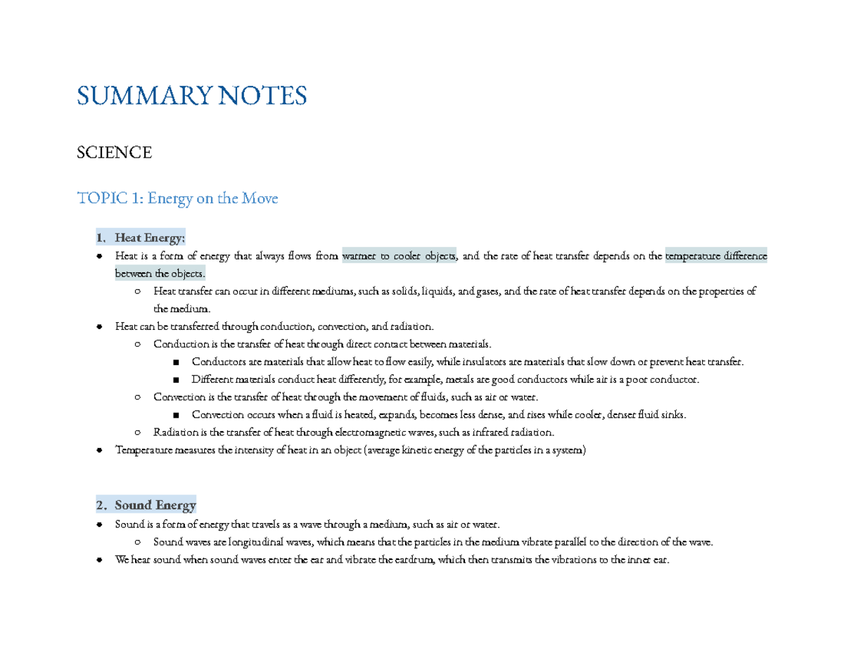 science summary notes - SUMMARY NOTES SCIENCE TOPIC 1: Energy on the ...