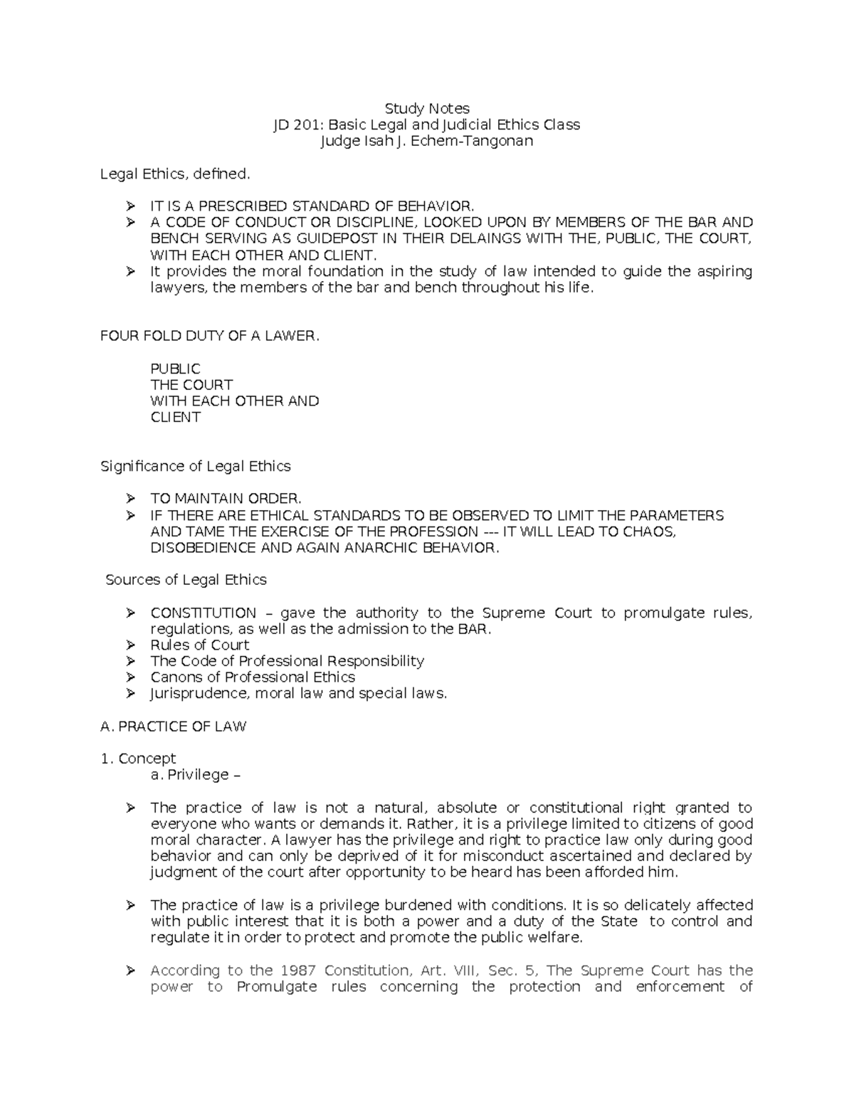 Study Notes for Legal and Judicial Ethics - Study Notes JD 201: Basic ...