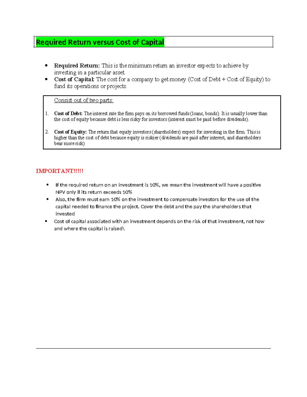 Chapter 14 - SUMMARY ON COST MANAGEMENT 3A - Required Return versus ...