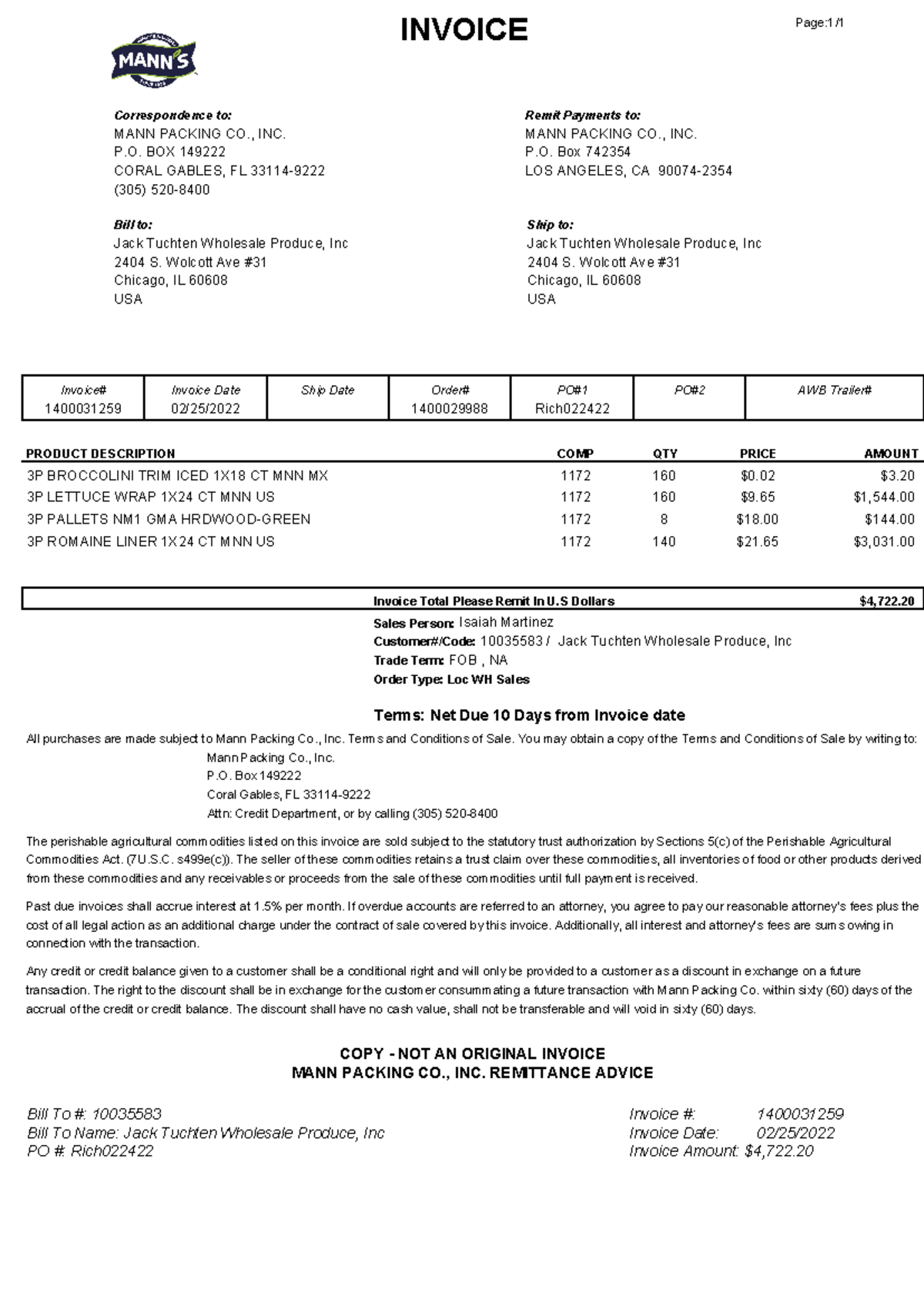 1400029988 - Page:1/ INVOICE Correspondence to: MANN PACKING CO., INC ...