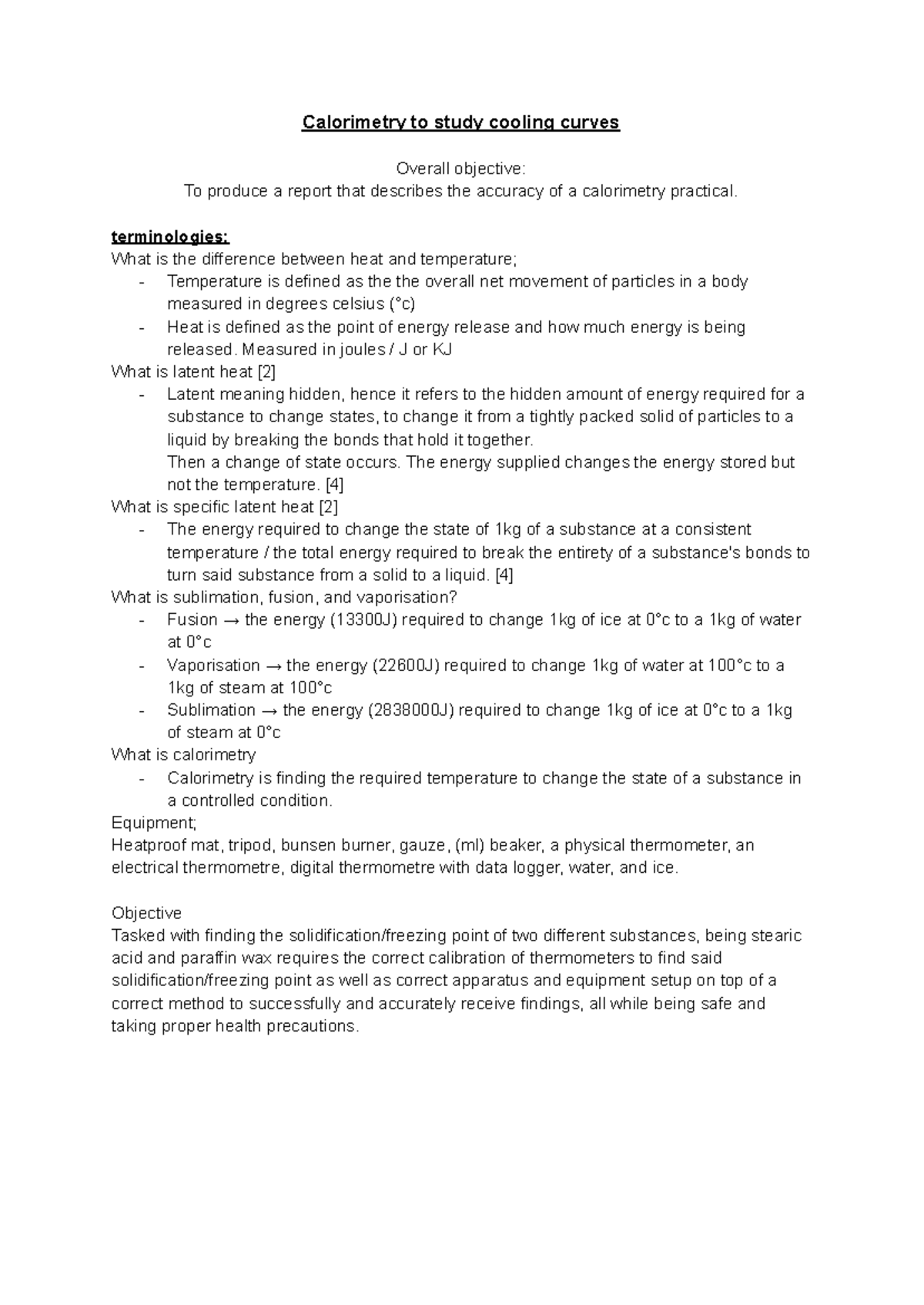 Assignment 2B Cooling curves - Calorimetry to study cooling curves Overall objective: To produce ...