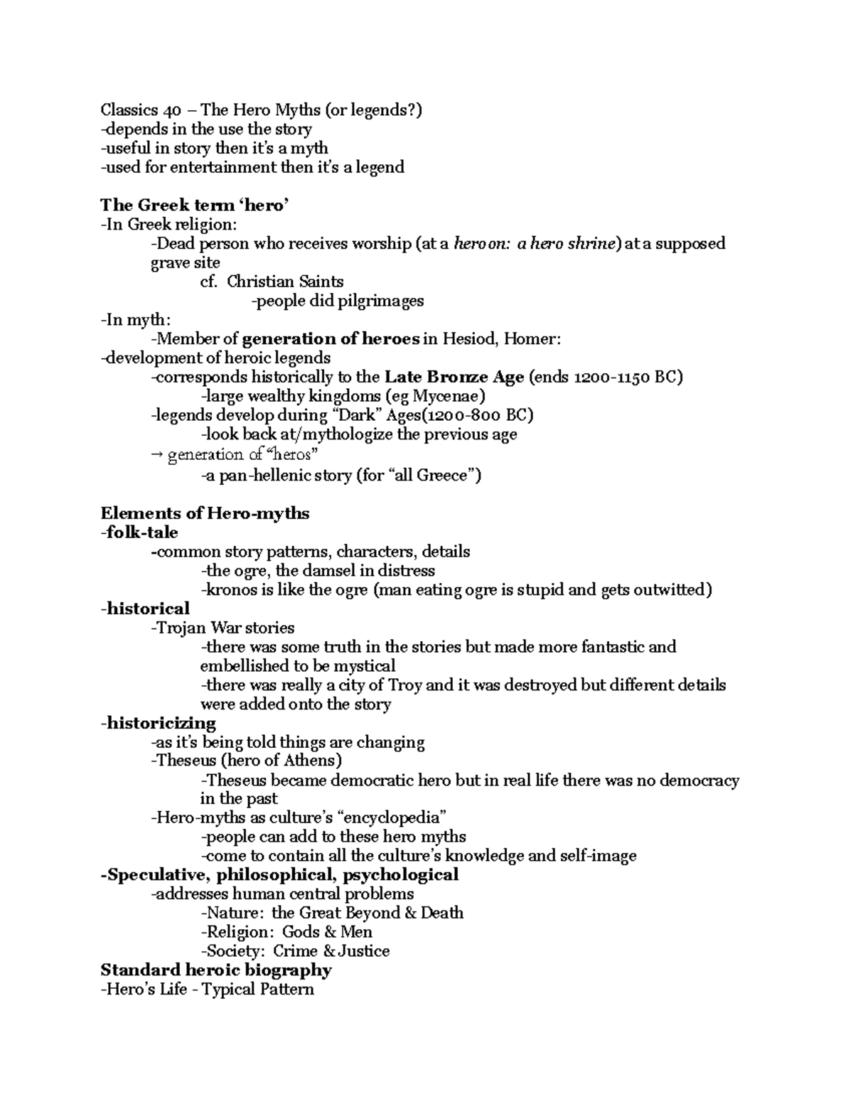 11/5 Lecture Notes - Classics 40 – The Hero Myths (or legends ...