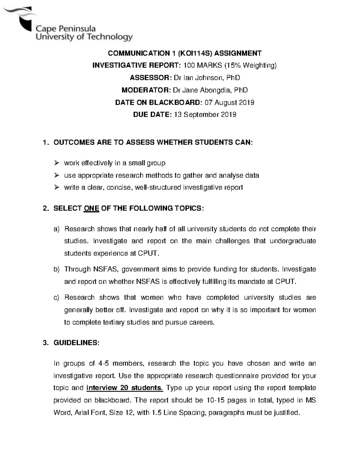 Report Writing Assignment 2019 - COMMUNICATION 1 (KOI114S) ASSIGNMENT ...