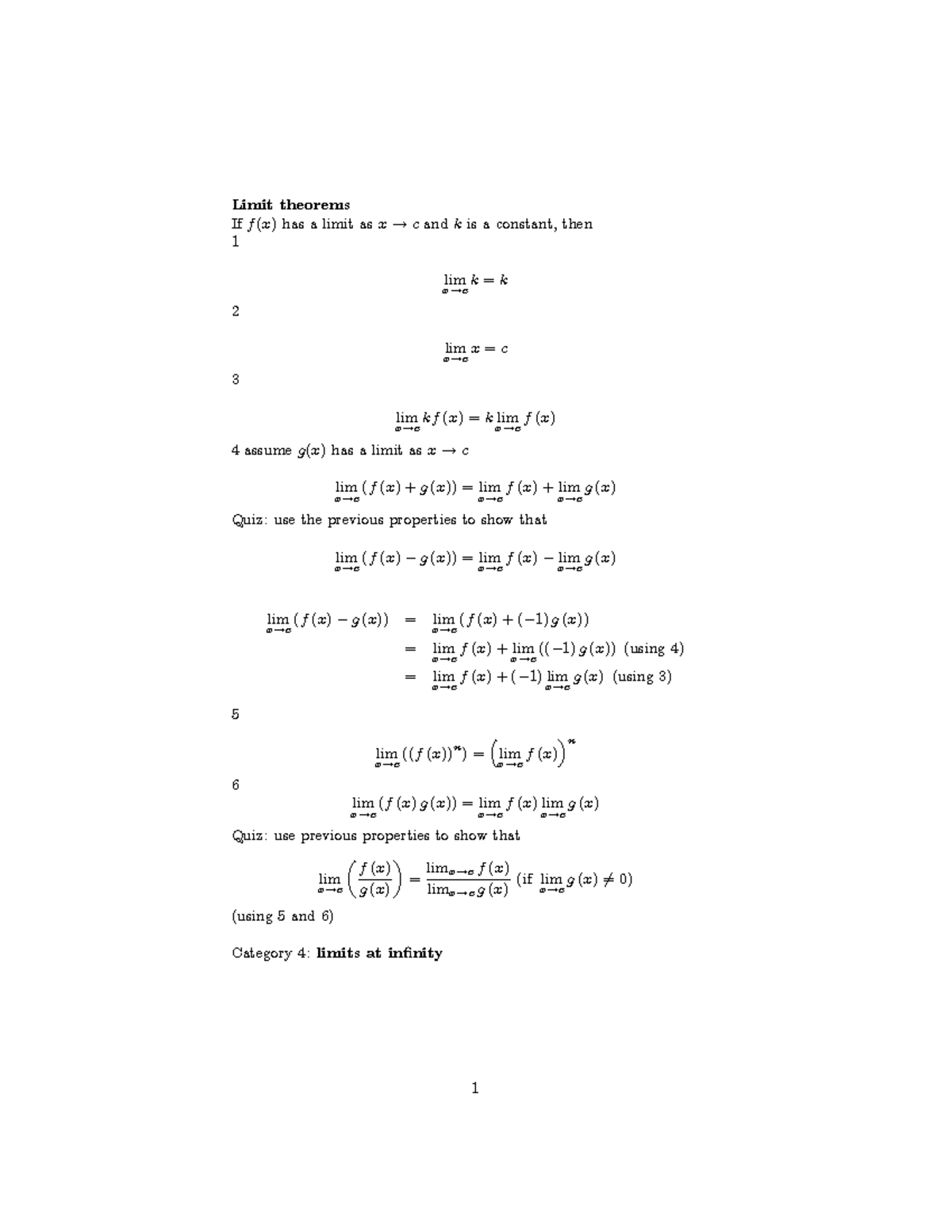November 6 - nov6 - Limit theorems If f (x) has a limit as x! c and k is a constant, then 1 lim ...