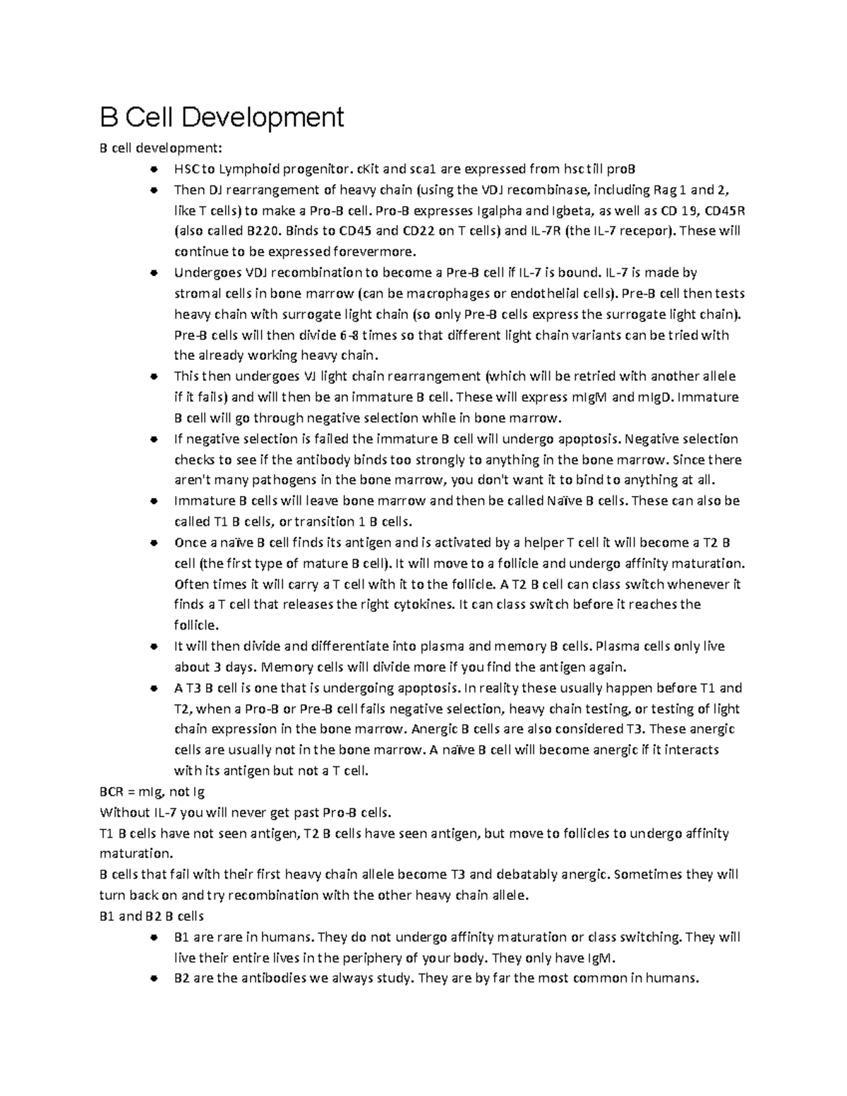 B Cell Development Notes - B Cell Development B cell development: HSC ...