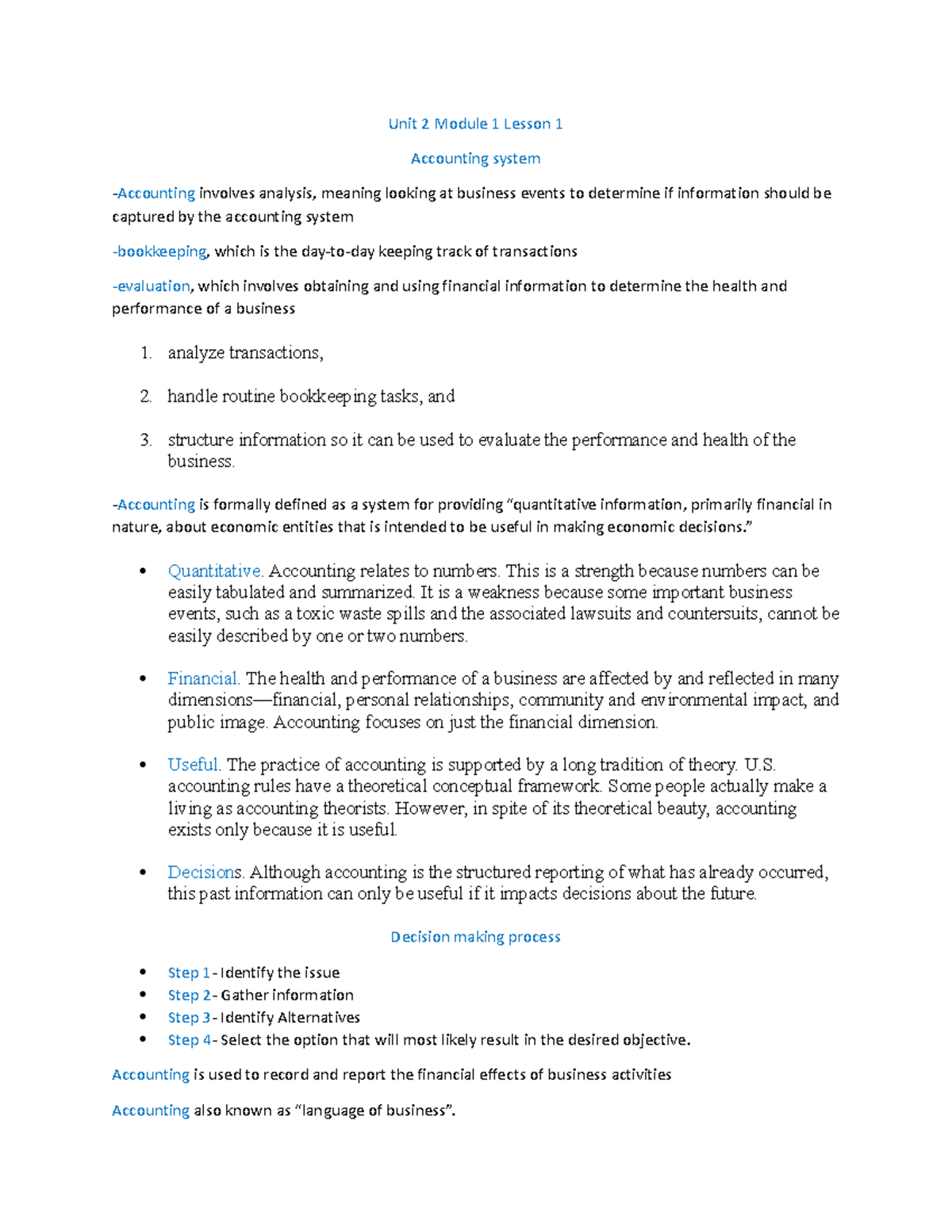 D196 Unit 2 Lesson 1 - Key topics - Unit 2 Module 1 Lesson 1 Accounting ...