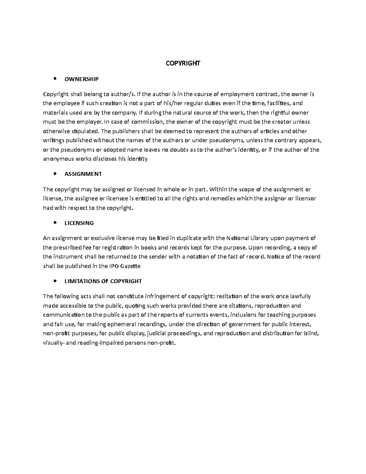 Copyright Law Provision and Summaries - COPYRIGHT OWNERSHIP Copyright ...