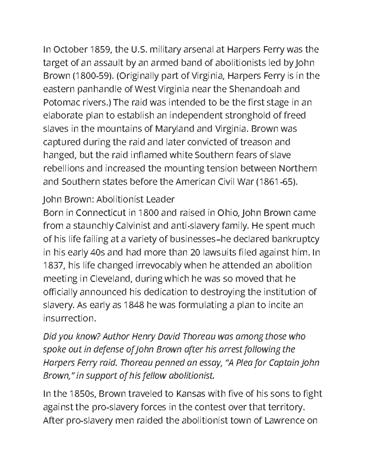 Harpers Ferry Notes - In October 1859, the U. military arsenal at ...