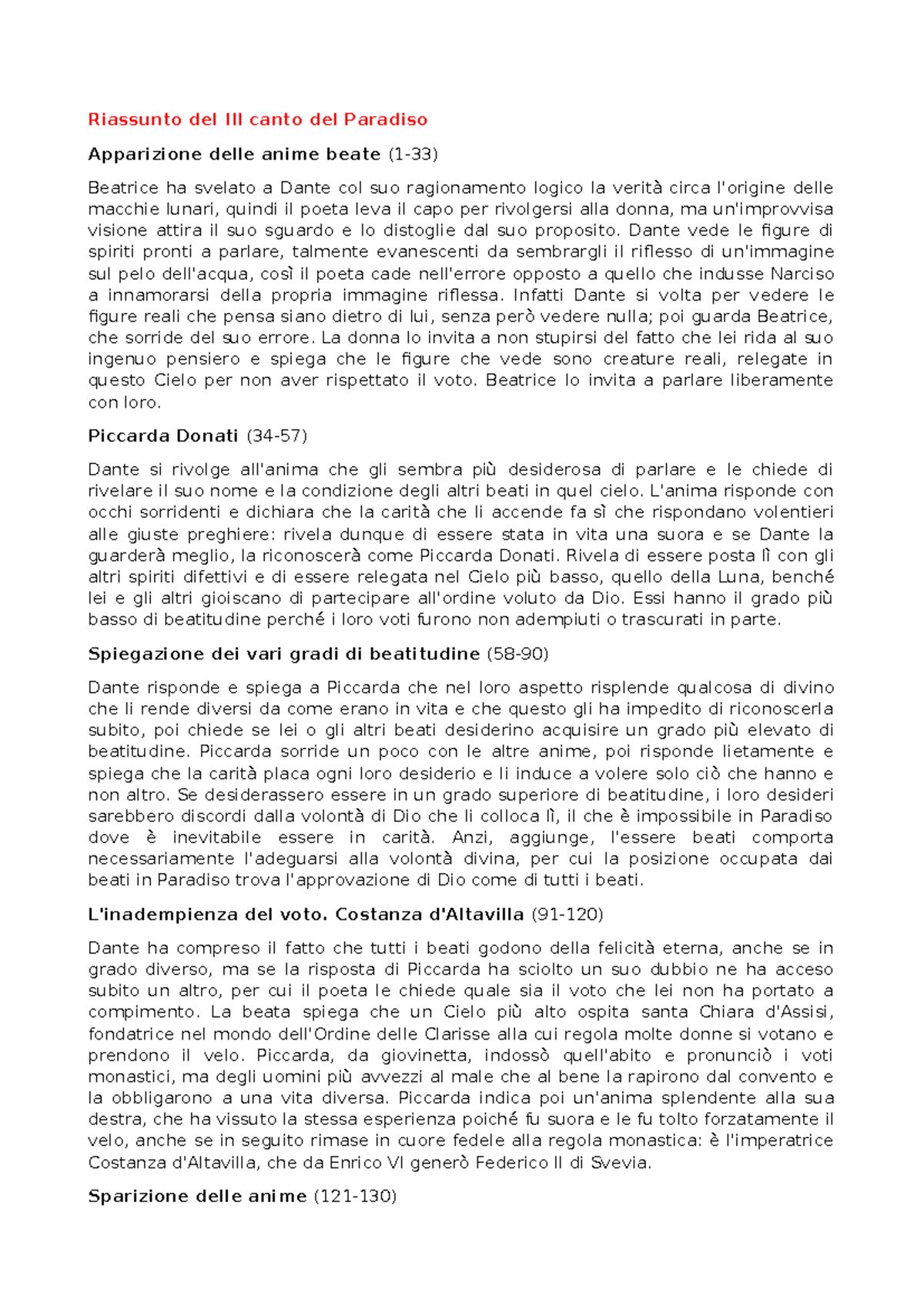 Commedia di Dante: canto III del Paradiso - Riassunto del III canto del ...