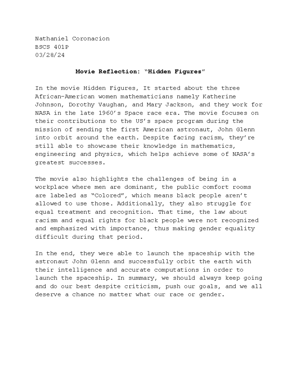 Movie reflection hidden figures - Nathaniel Coronacion BSCS 401P 03/28 ...