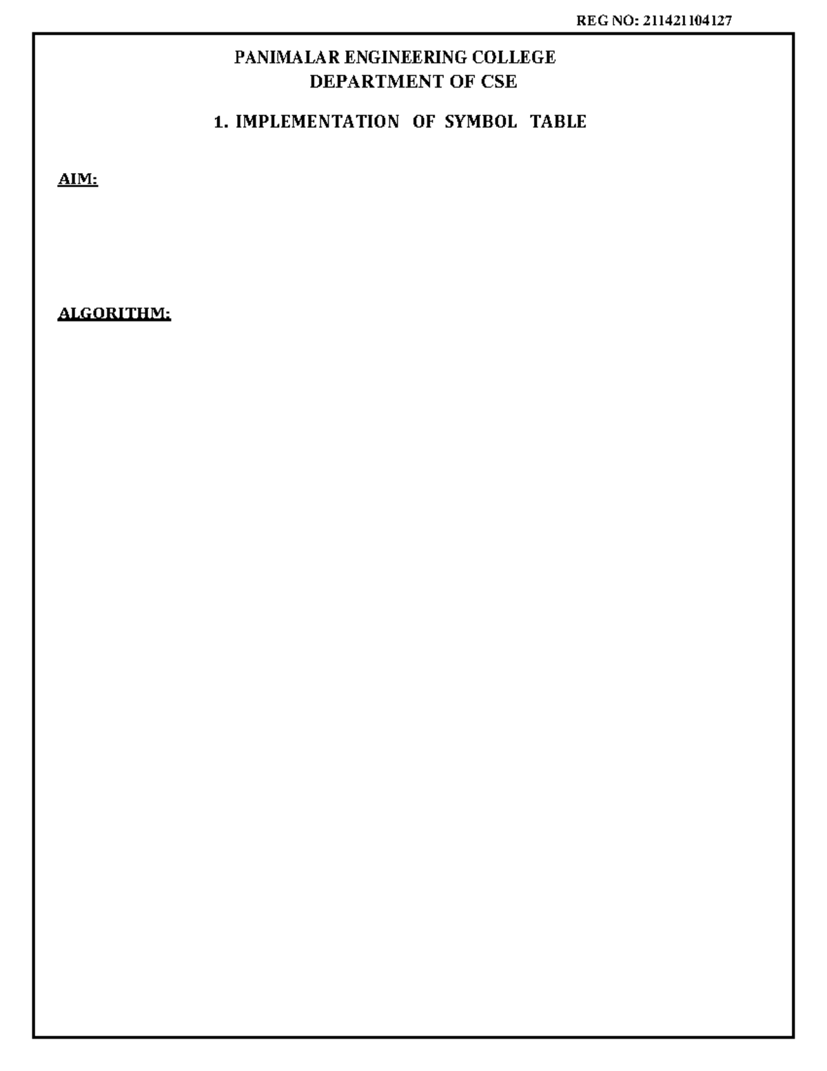 CD Record 147 - REG NO: 211421104127 PANIMALAR ENGINEERING COLLEGE DEPARTMENT OF CSE 1. - Studocu