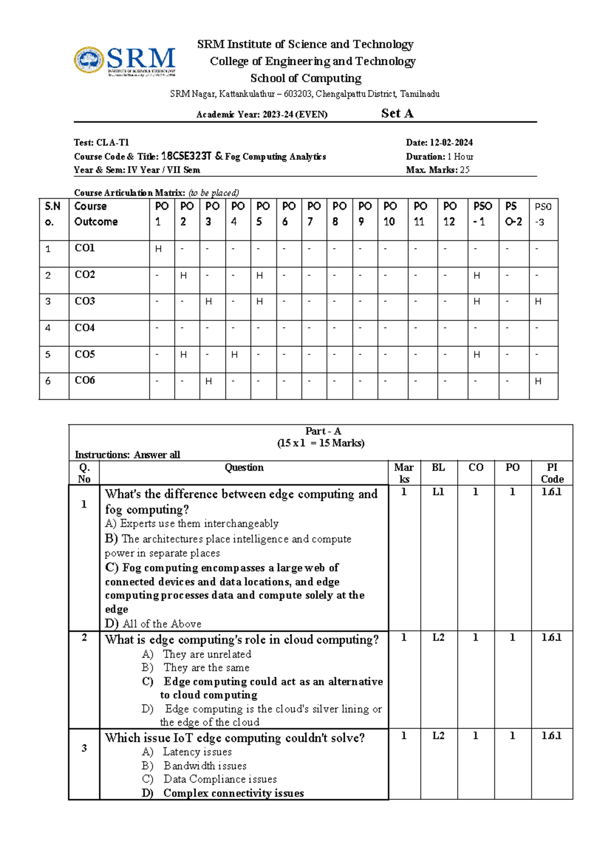 Answer Key Ct1 Set A Srm Institute Of Science And Technology College Of Engineering And