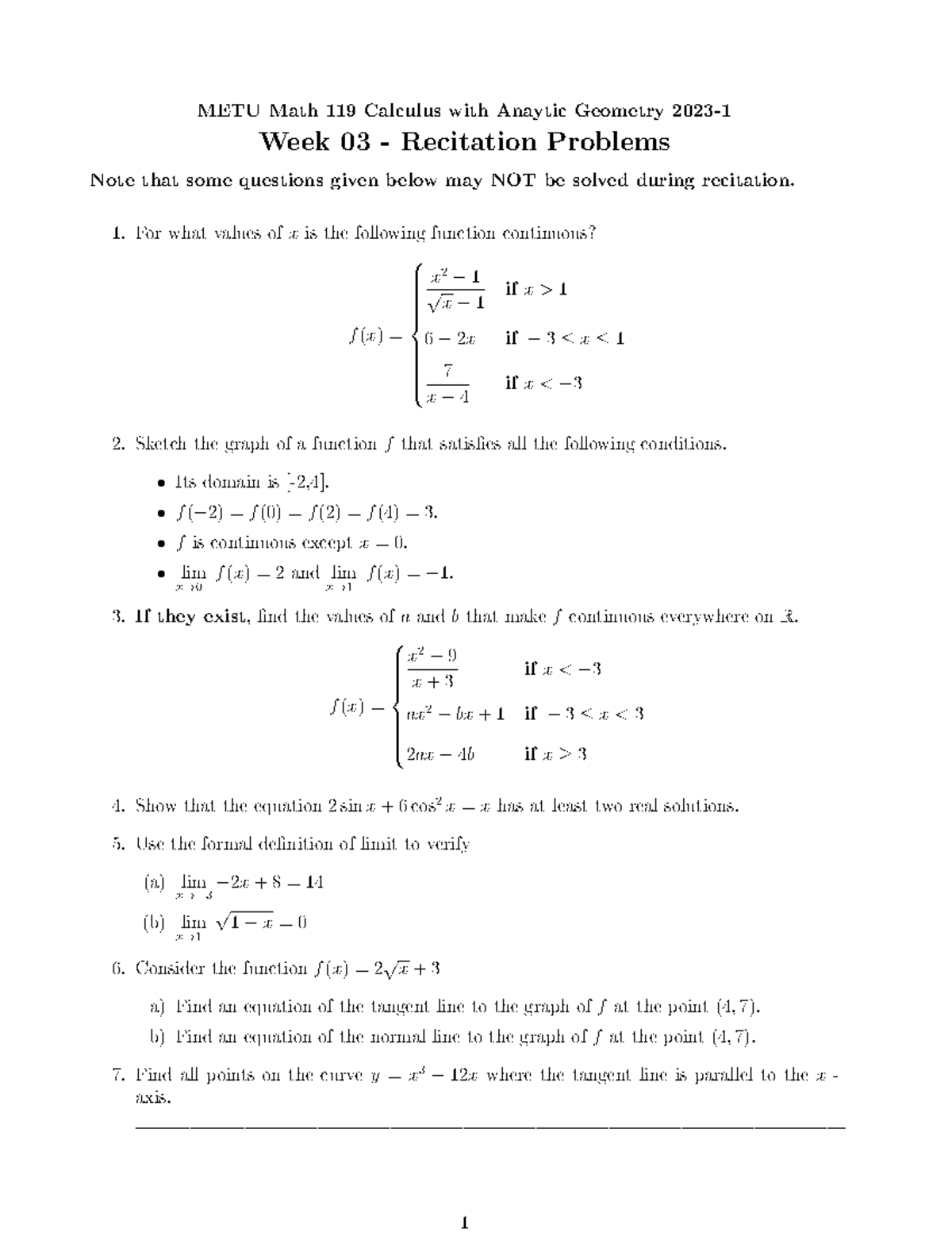 MATH 119 2023-1 Recitation Week 03 - METU Math 119 Calculus with Anaytic Geometry 2023- Week 03 ...