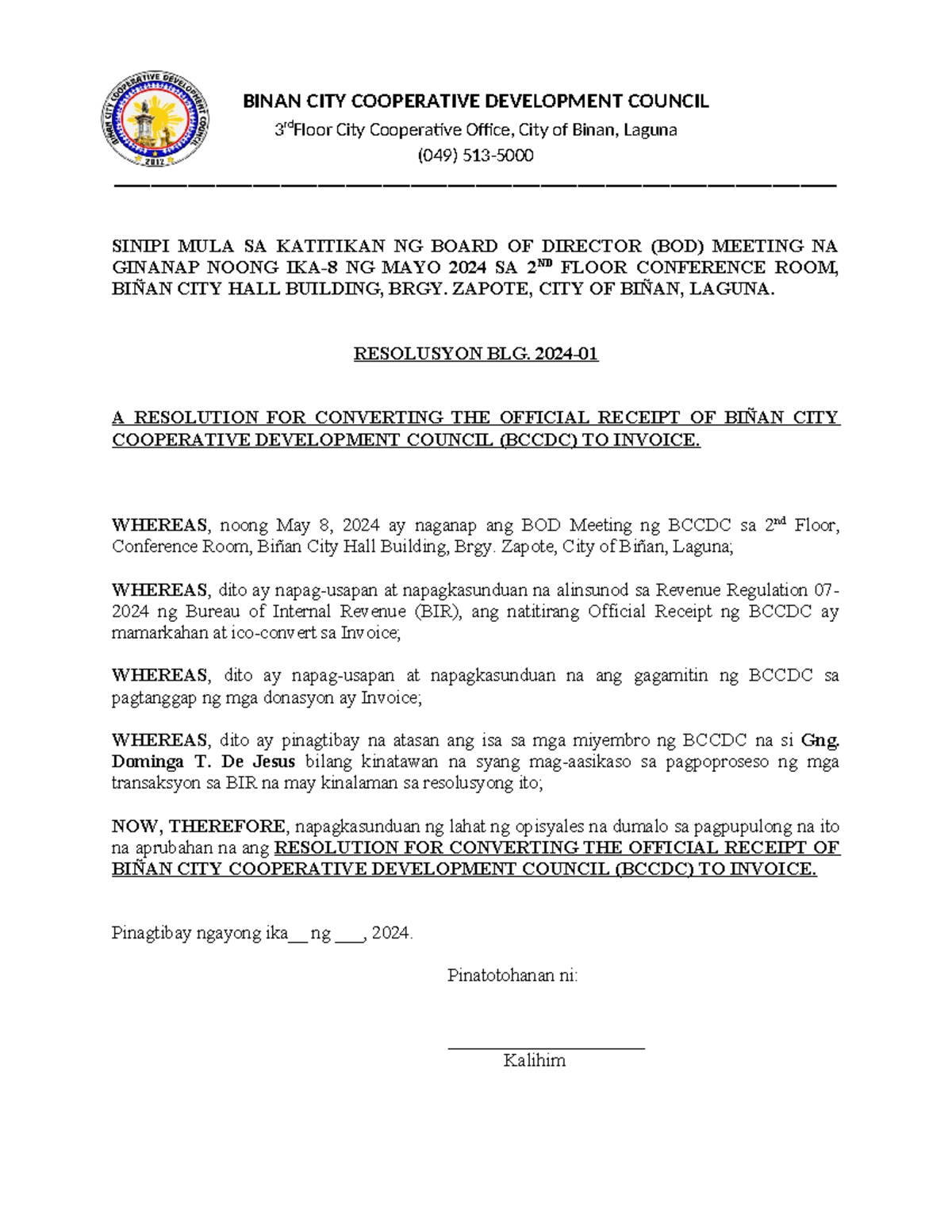 Bccdc Board Reso - BIR - BINAN CITY COOPERATIVE DEVELOPMENT COUNCIL 3 ...