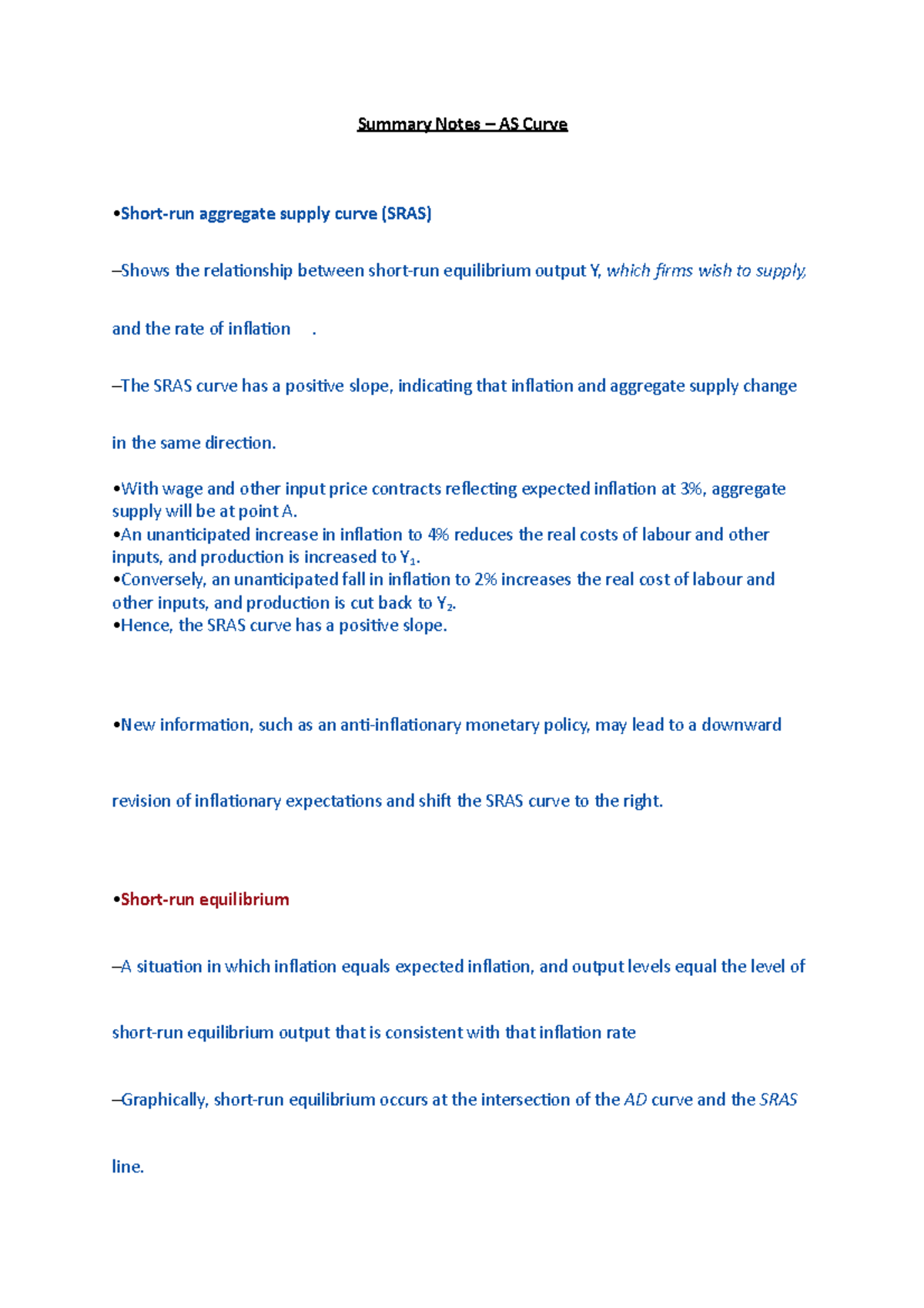 Summary Notes – AS Curve - Summary Notes – AS Curve •Short-run ...