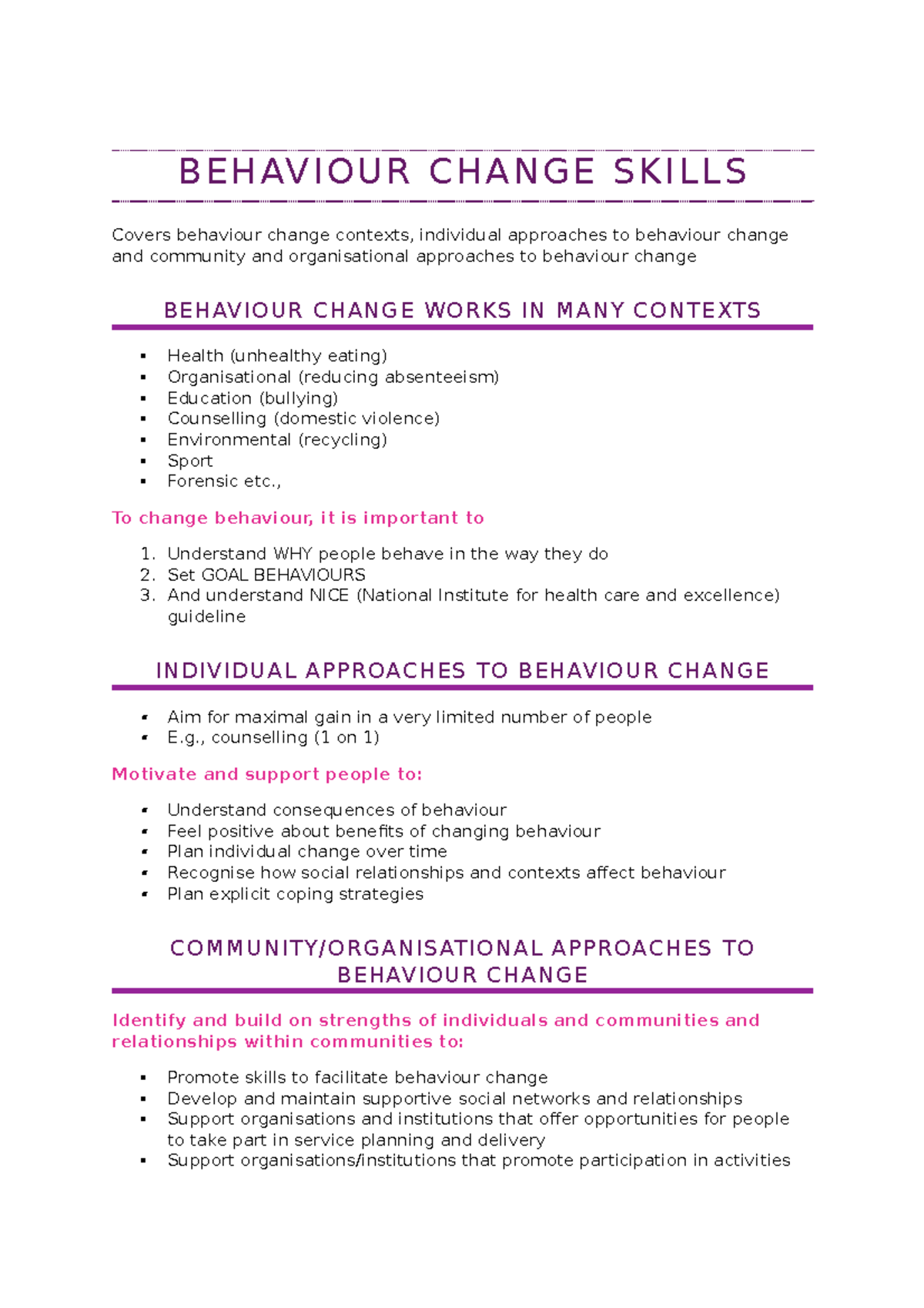 Behaviour Change Skills 1 - B E H AV I O U R C H A N G E S K I L L S Covers behaviour change ...