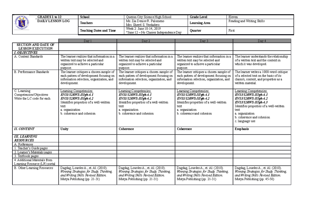 Week 5 dll RAW (Properties-of-a-Well-written-Text) - GRADES 1 to 12 School Quezon City Science ...