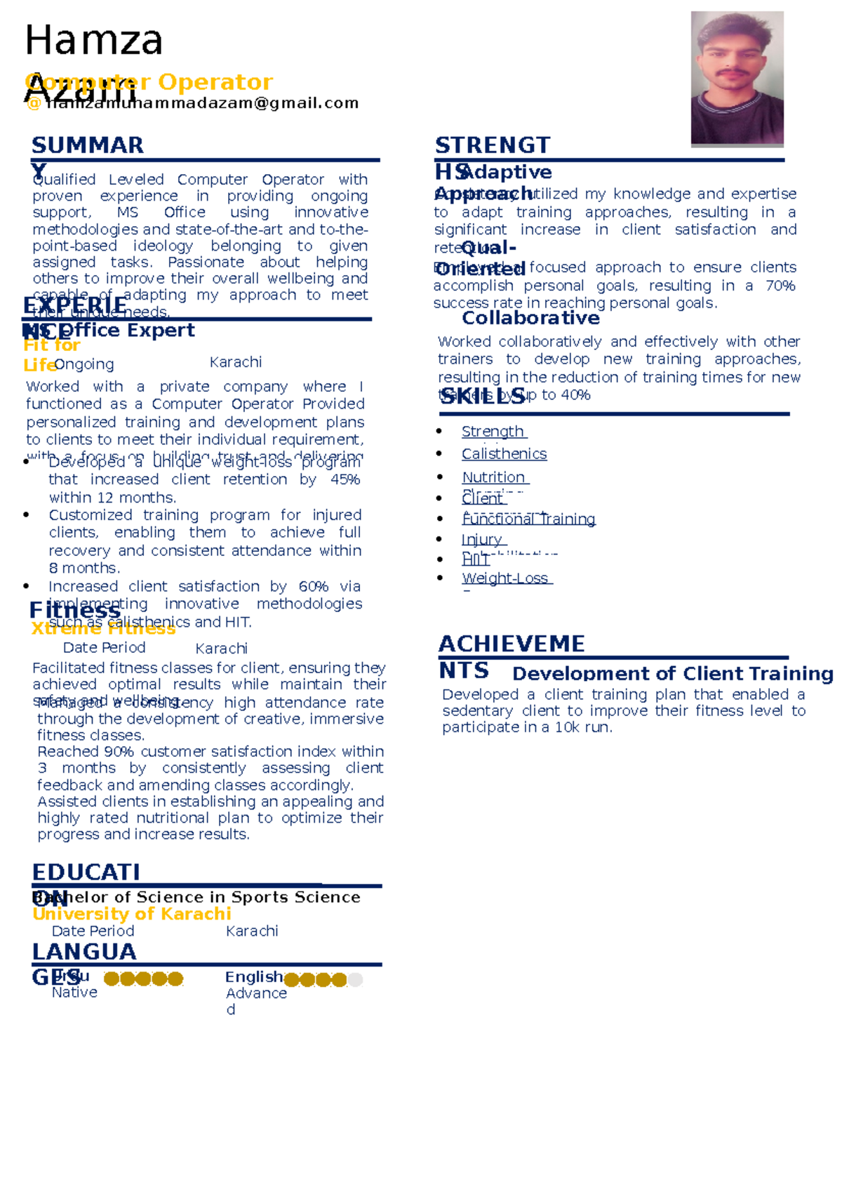 Professional CV Template - Hamza Azam Computer Operator ...