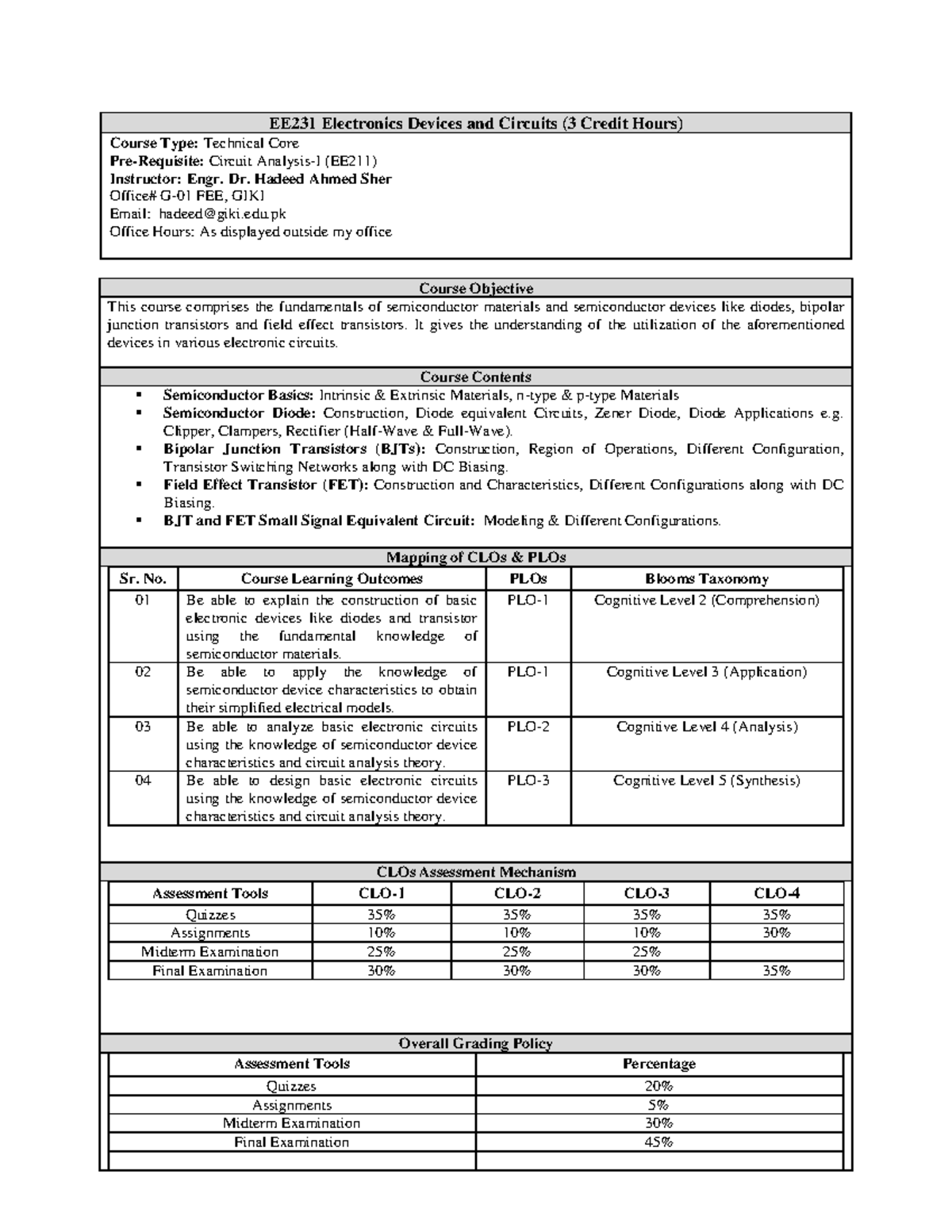 Course Outline (EE231) - EE231 Electronics Devices and Circuits (3 ...