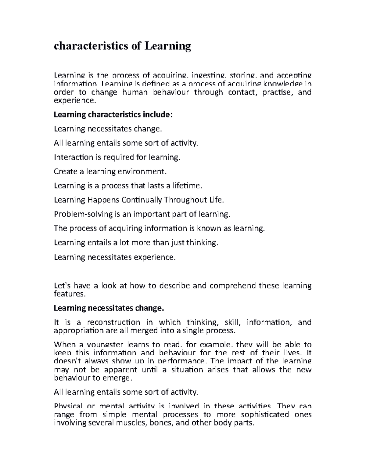 Characterstics of learning - characteristics of Learning Learning is ...