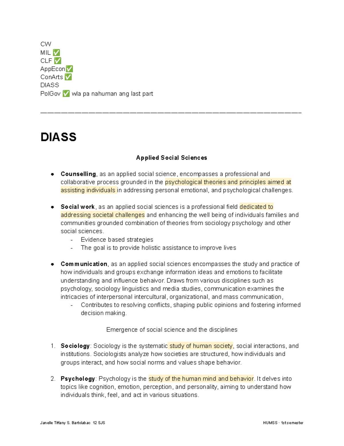 1st semester notes Grade 12 HUMSS - CW MIL CLF AppEcon ConArts DIASS ...
