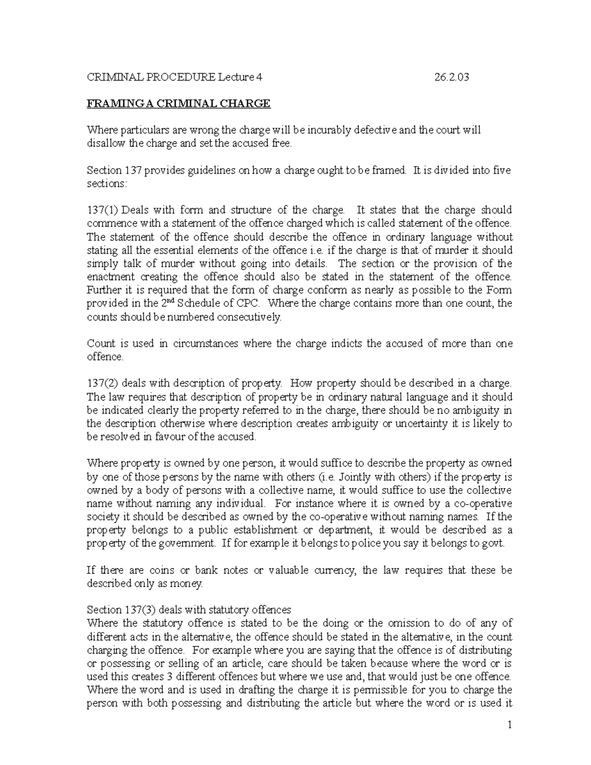 Framing A Charge - Lecture Notes - CRIMINAL PROCEDURE Lecture 4 26 ...