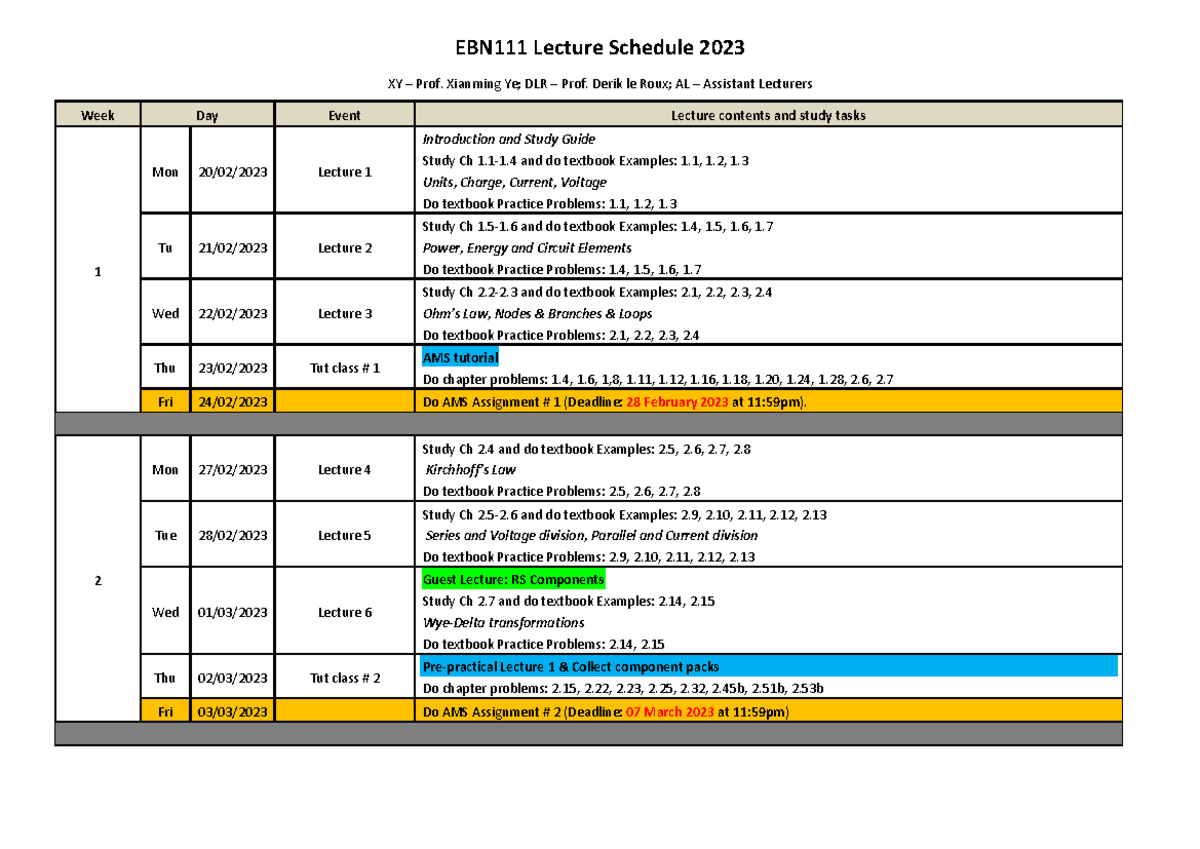 EBN111 Lecture Schedule 2023 v1 - Xianming Ye; DLR – Prof. Derik le ...
