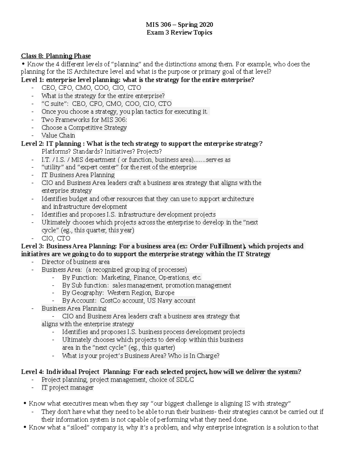 306.Exam3Review Topics - MIS 306 – Spring 2020 Exam 3 Review Topics ...