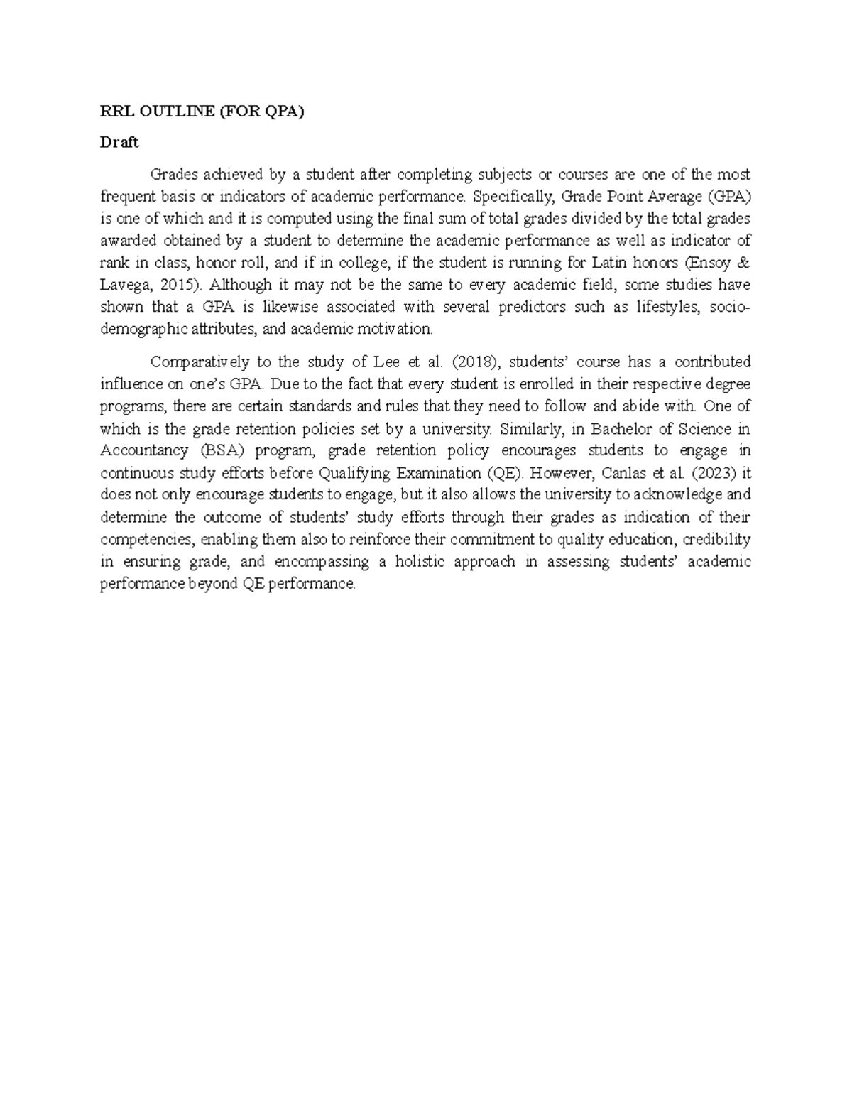 RRL Outline (QPA) - RRL OUTLINE (FOR QPA) Draft Grades achieved by a ...
