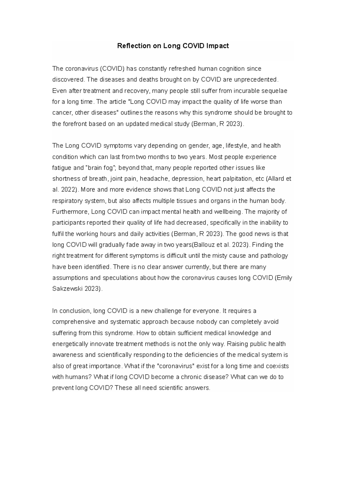 Reflection on Long Covid Impact - Reflection on Long COVID Impact The ...