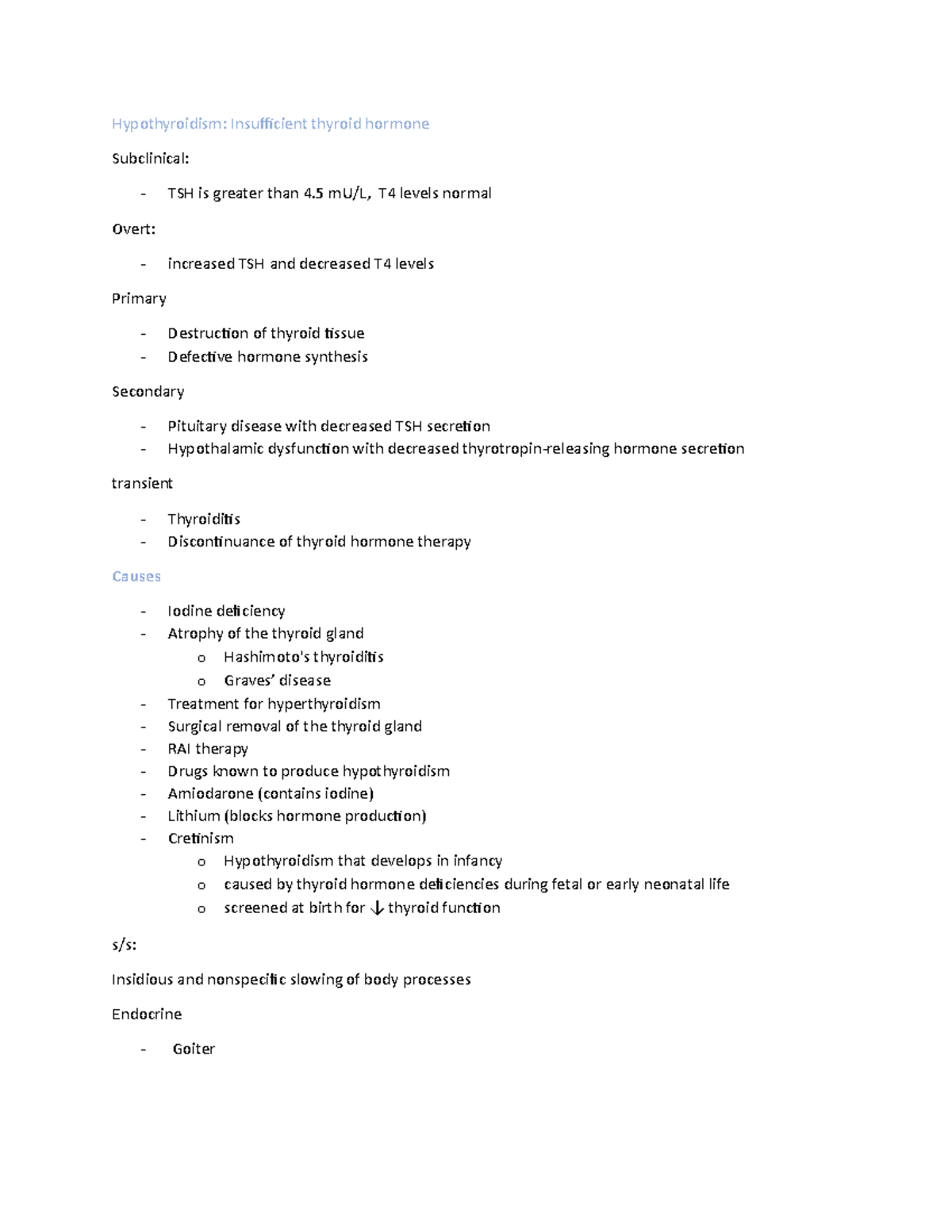Hypothyroid - notes - Hypothyroidism: Insufficient thyroid hormone ...