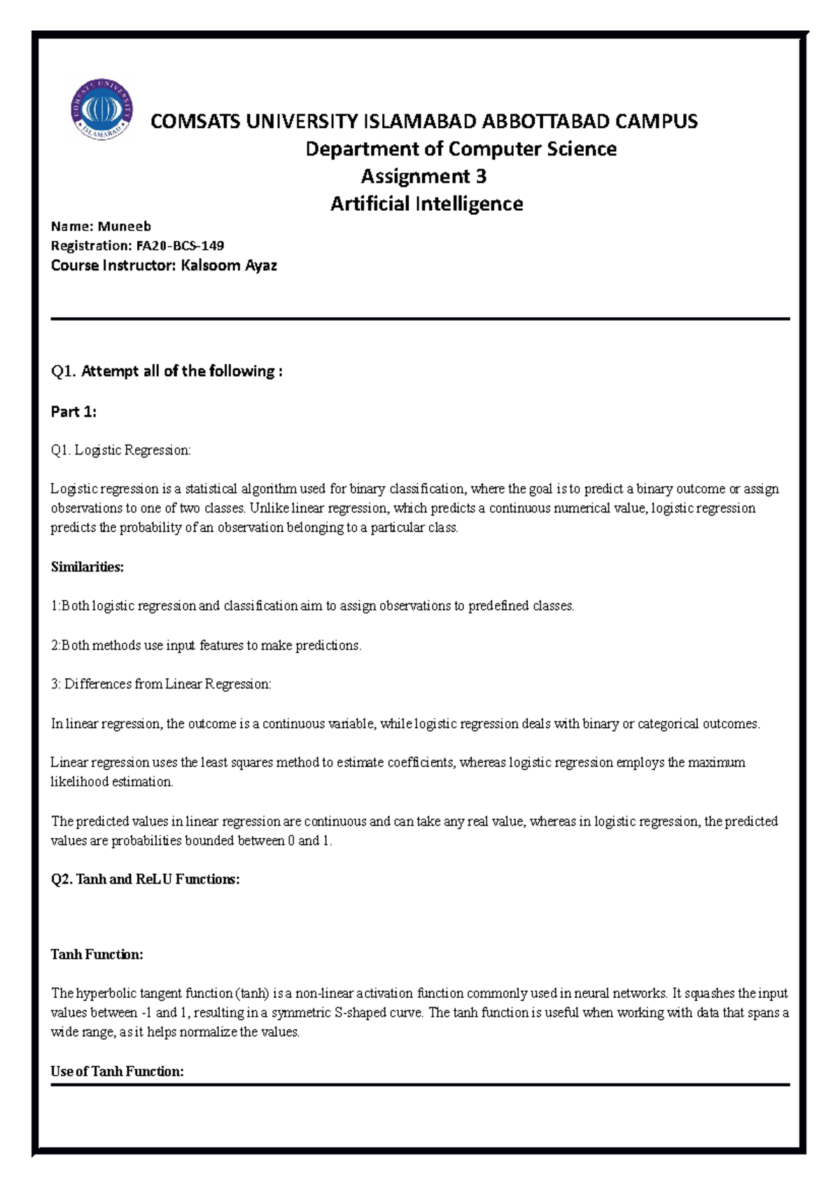 AI assignment 2 - COMSATS UNIVERSITY ISLAMABAD ABBOTTABAD CAMPUS Department of Computer Science ...