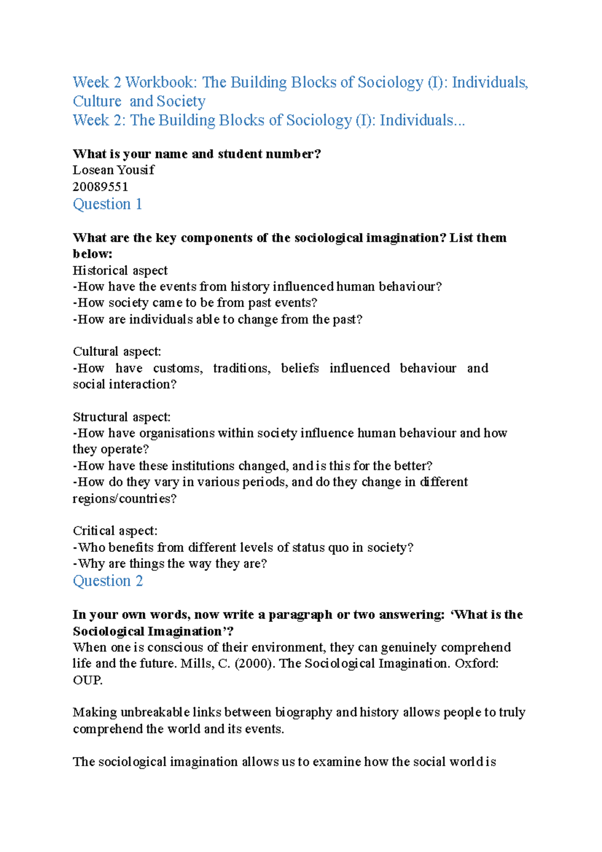 Week 2 workbook - Week 2 Workbook: The Building Blocks of Sociology (I): Individuals, Culture ...
