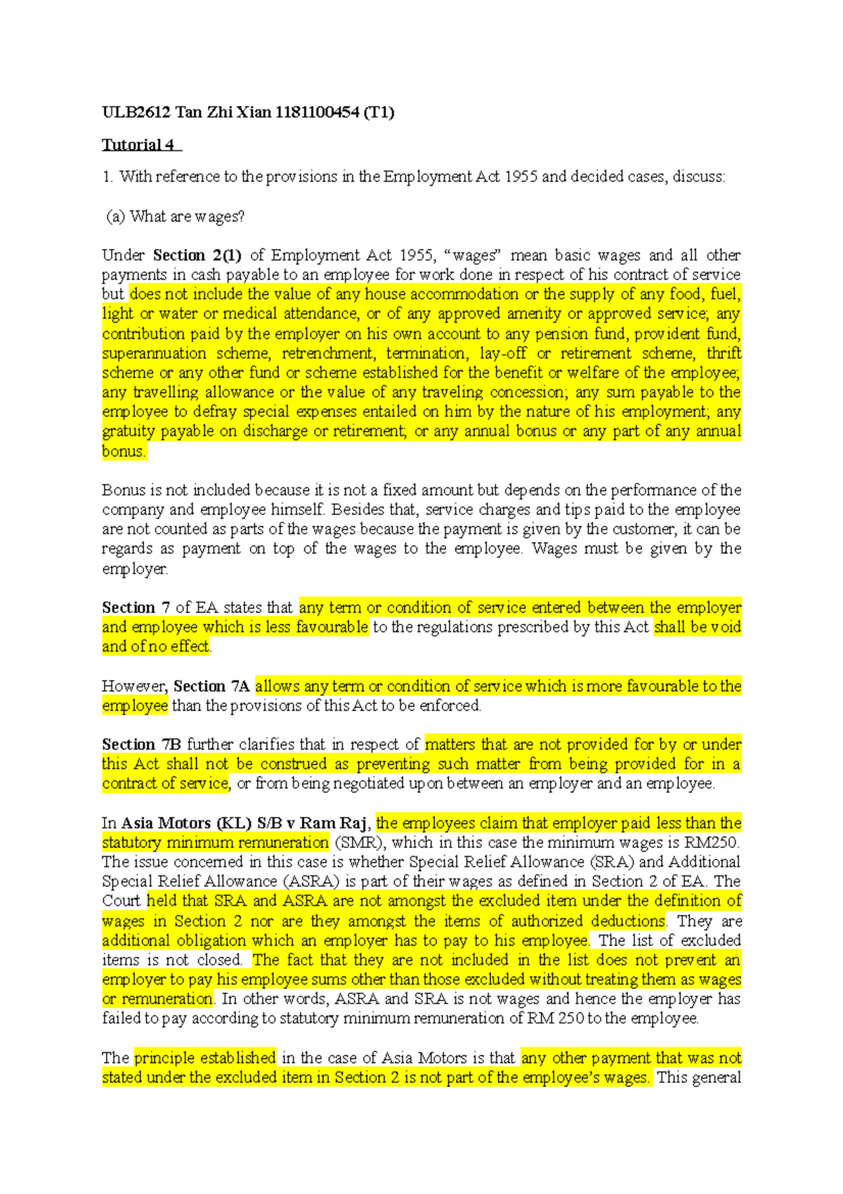 Labour Law Tutorial 4 Express Terms - ULB2612 Tan Zhi Xian 1181100454 ...