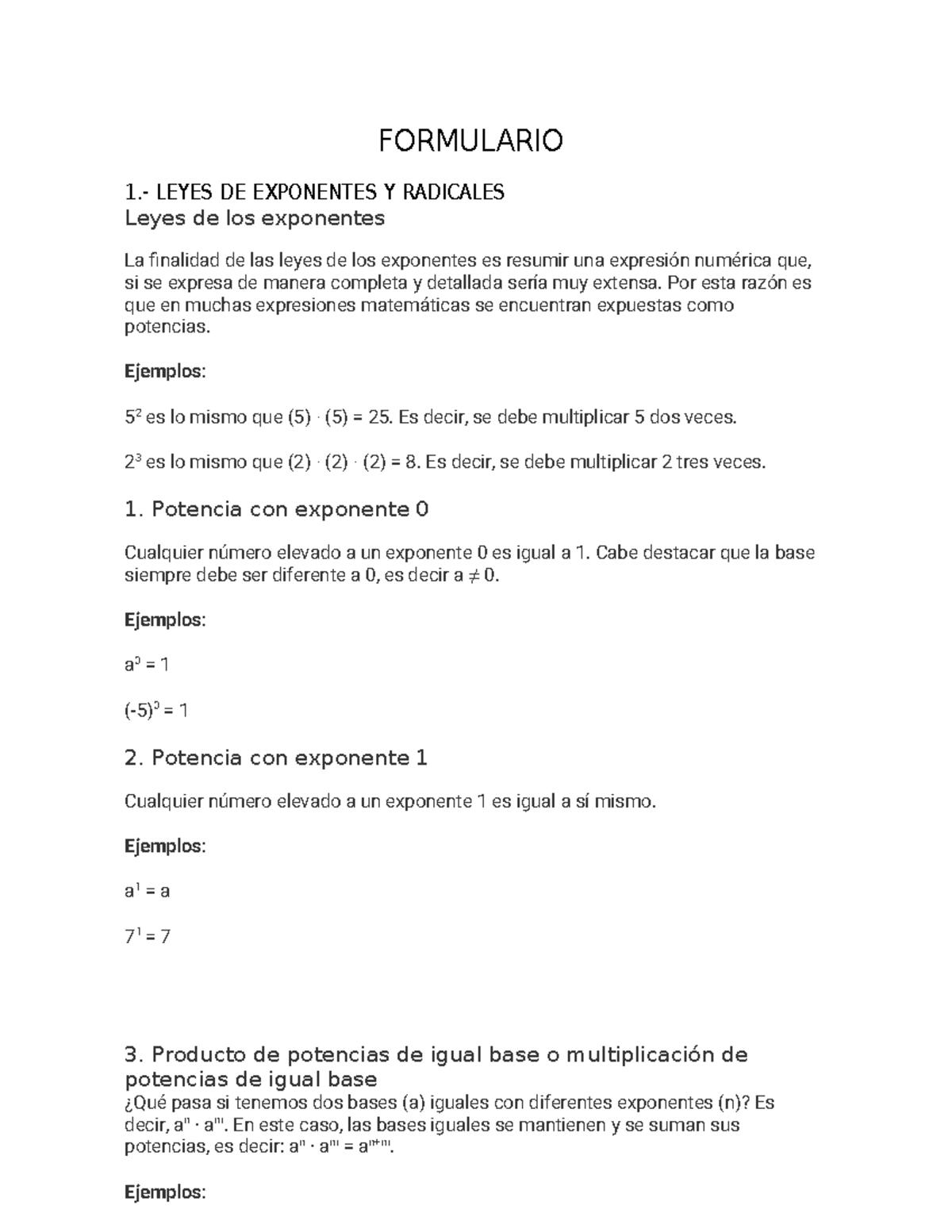 Formulario Calculo - 8T6 - FORMULARIO 1.- LEYES DE EXPONENTES Y ...