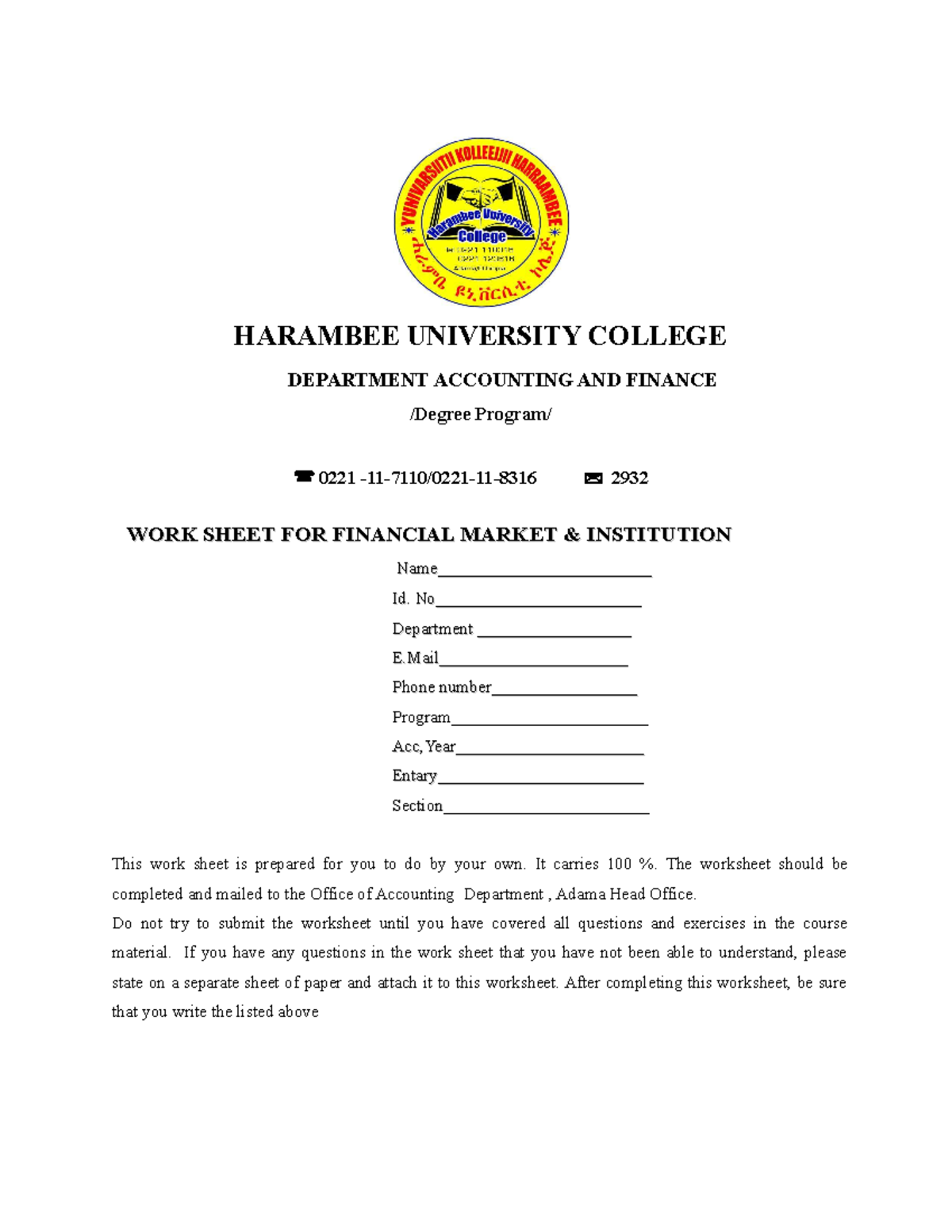 Financial Market Institution Worksheet - HARAMBEE UNIVERSITY COLLEGE ...