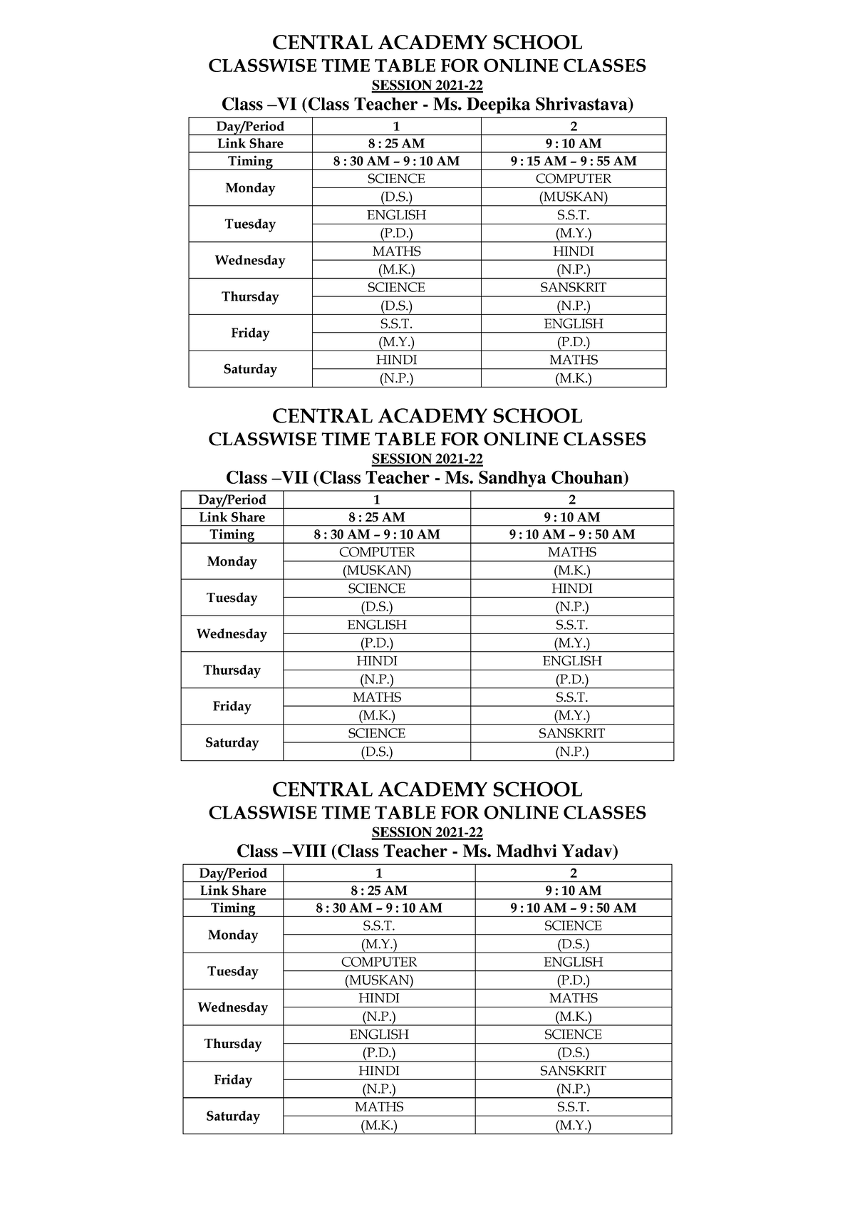 Scedule of Online(Home) Classes (VI - VIII) - Copy (12) - CENTRAL ACADEMY SCHOOL CLASSWISE TIME ...