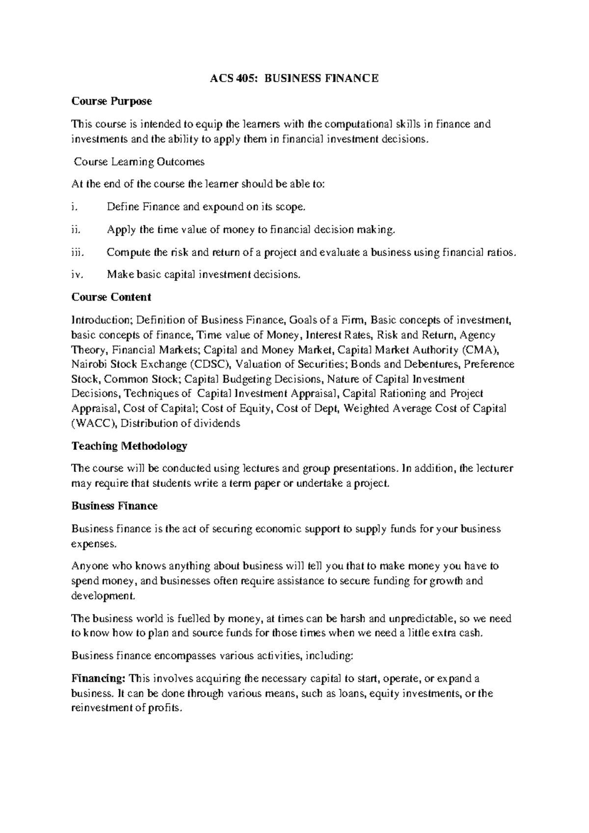 Lecture 1-1 - Really insightful - ACS 405: BUSINESS FINANCE Course ...