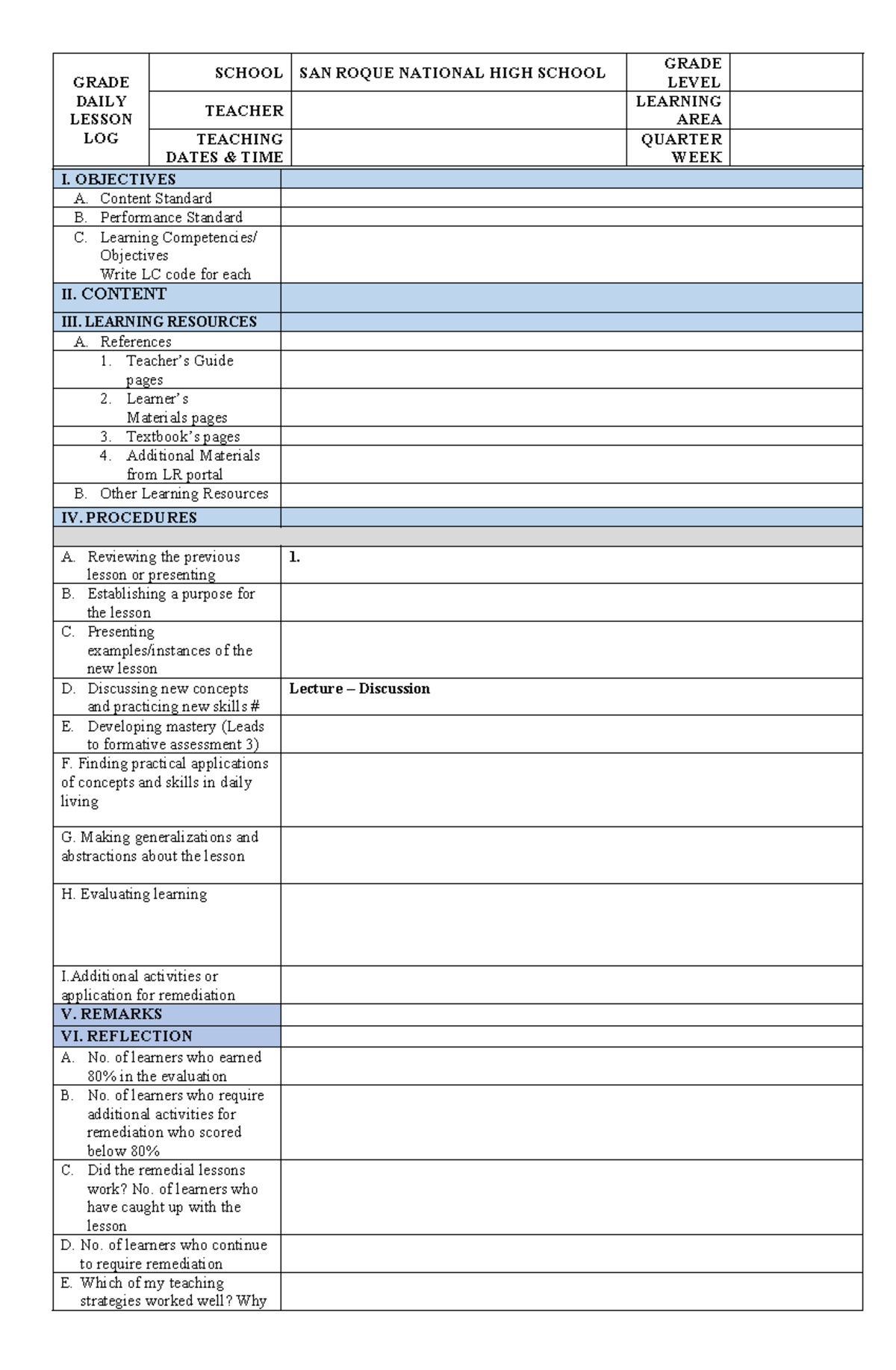 DLL - HGFDG - GRADE DAILY LESSON LOG SCHOOL SAN ROQUE NATIONAL HIGH ...