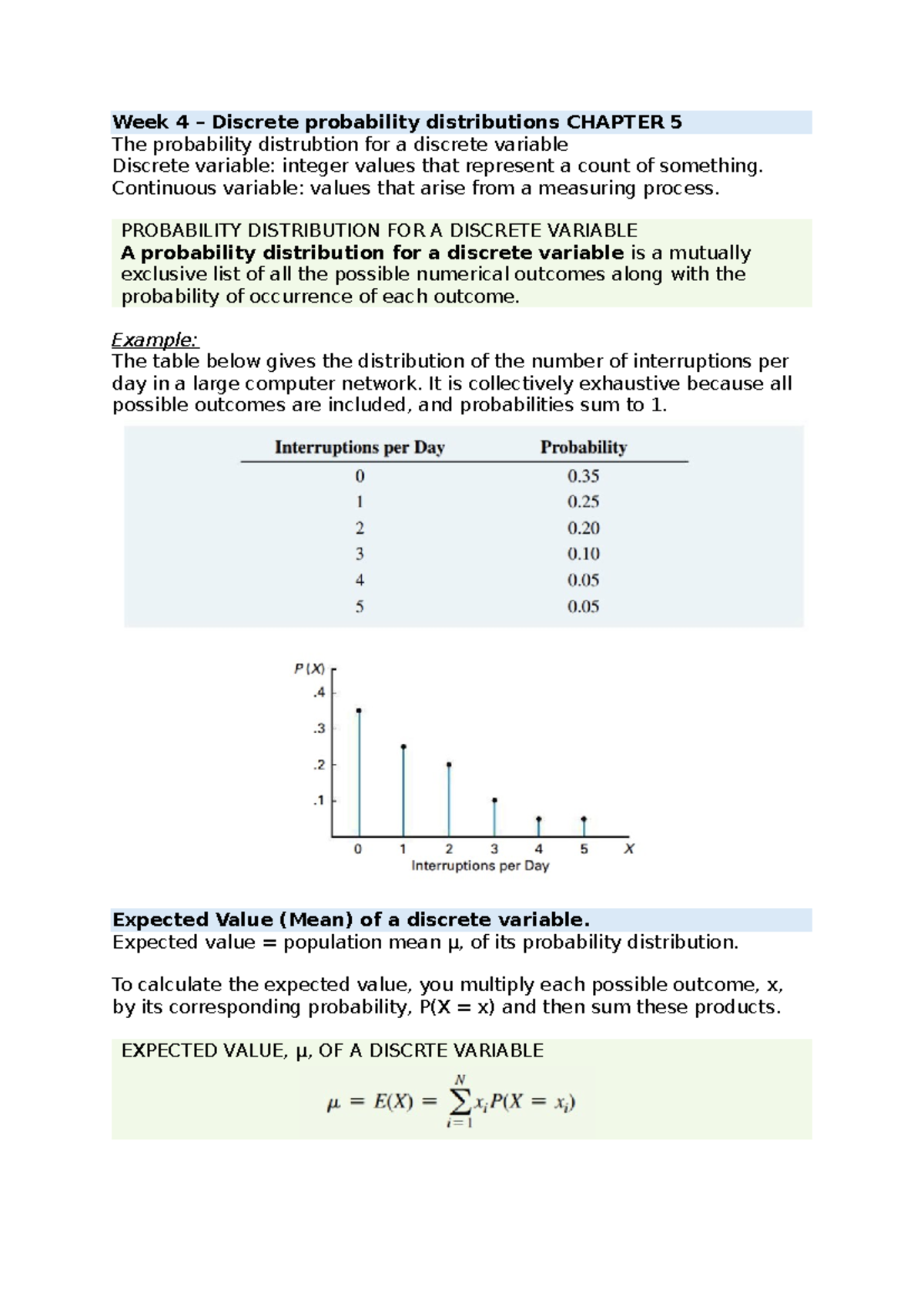 Week 4 quantitative notes - Week 4 – Discrete probability distributions ...