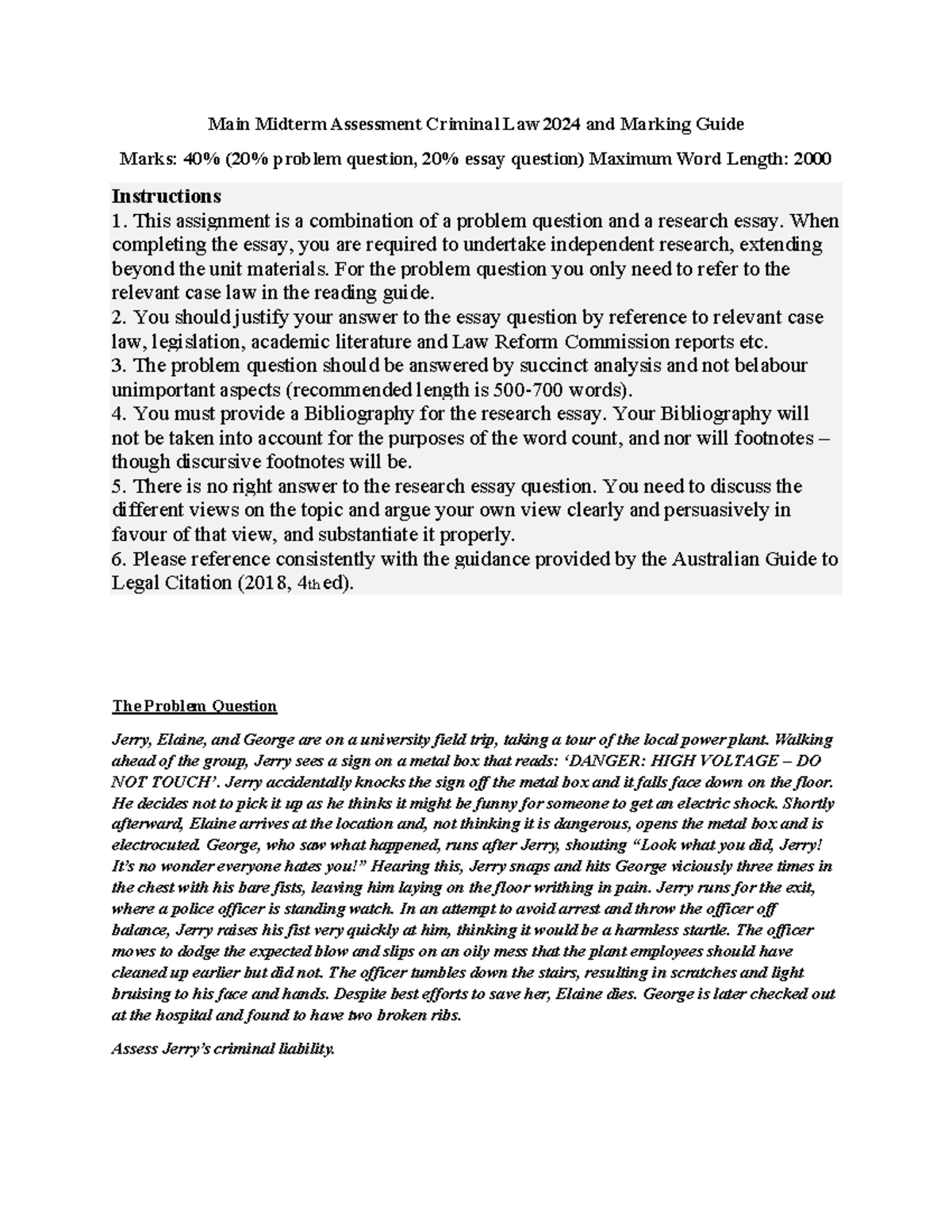 Midterm Assessment 2024 Final - Main Midterm Assessment Criminal Law 2024 and Marking Guide ...