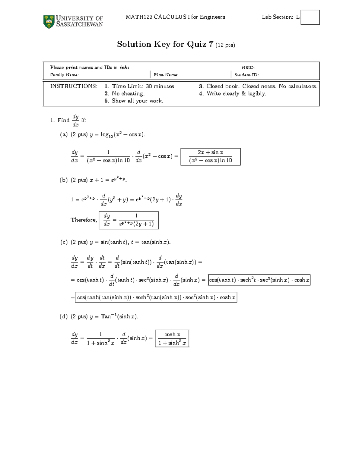 Seminar assignments - Quiz 7 solutions (2013) - MATH123 CALCULUS I for Engineers Lab Section: L ...