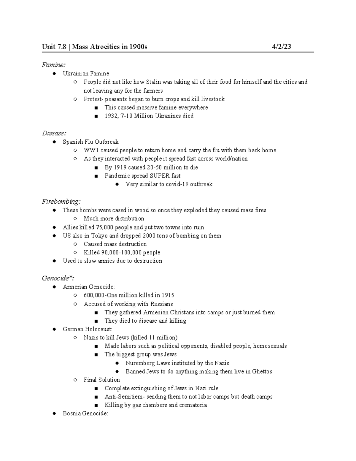 Unit 7.8 Notes - Unit 7 | Mass Atrocities in 1900s 4/2/ Famine ...