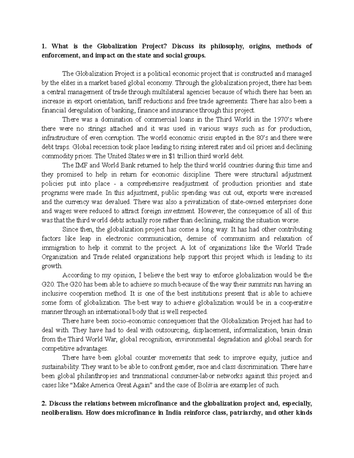 Final Exam - 1. What is the Globalization Project? Discuss its ...